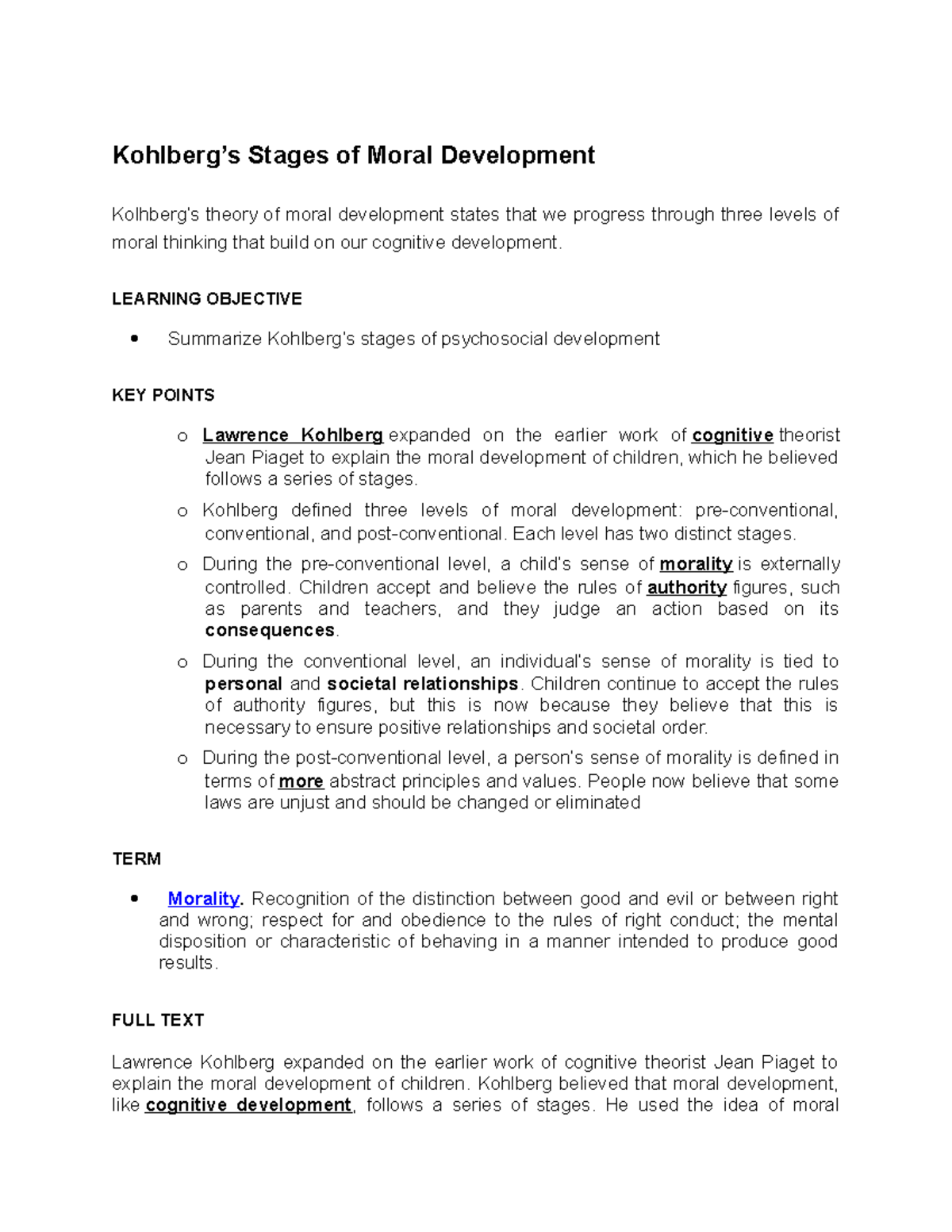 Handout 6 - Moral Development - Kohlberg’s Stages of Moral Development ...