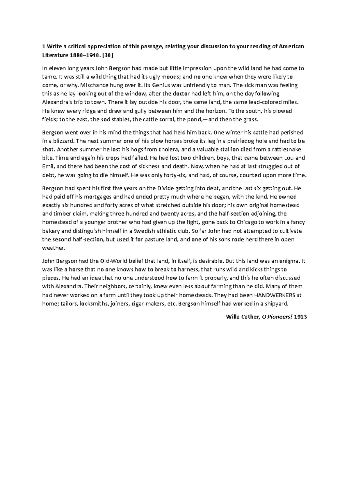 Cather O Pioneers Extract - 1 Write a critical appreciation of this ...