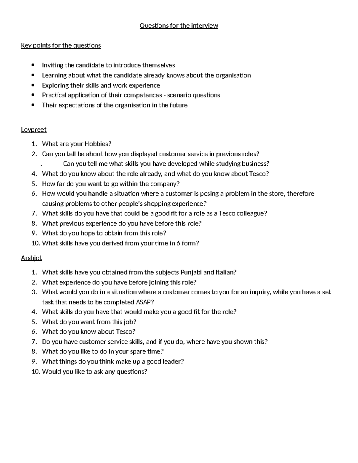 10 questions for the interview - Questions for the interview Key points ...