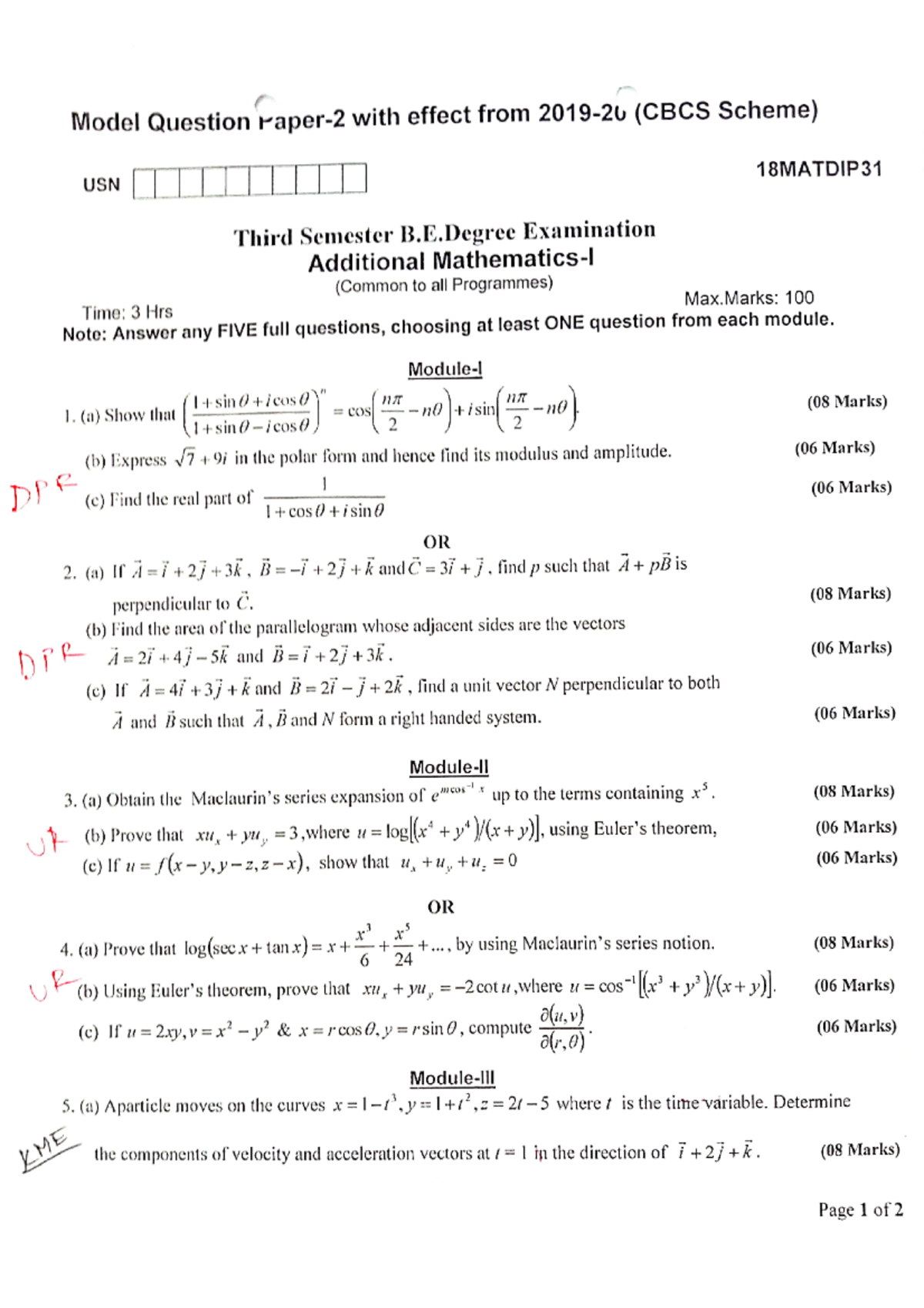 Vtu Exam Question Paper With Solution Of 18 Matdip 31 Model Qp 2 Additional Mathematics I For