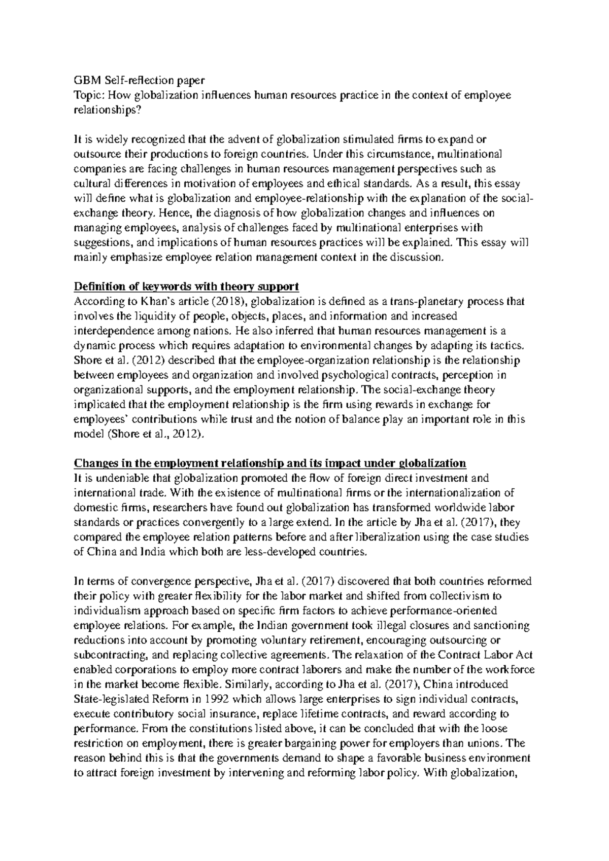 GBM essay - Grade: B+ - GBM Self-reflection paper Topic: How ...