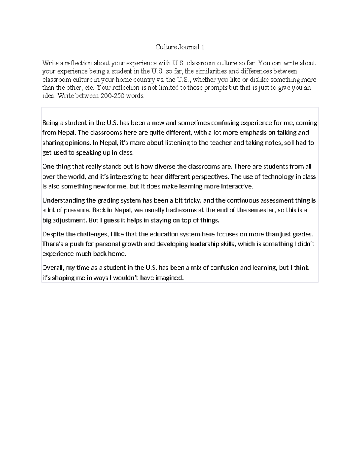 Culture Journal 1 - classroom culture so far. You can write about your ...