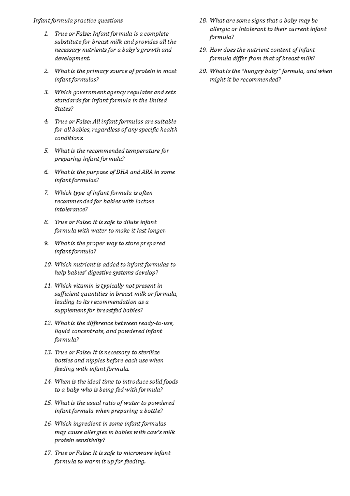 Infant formula practice qs - Infant formula practice questions True or ...