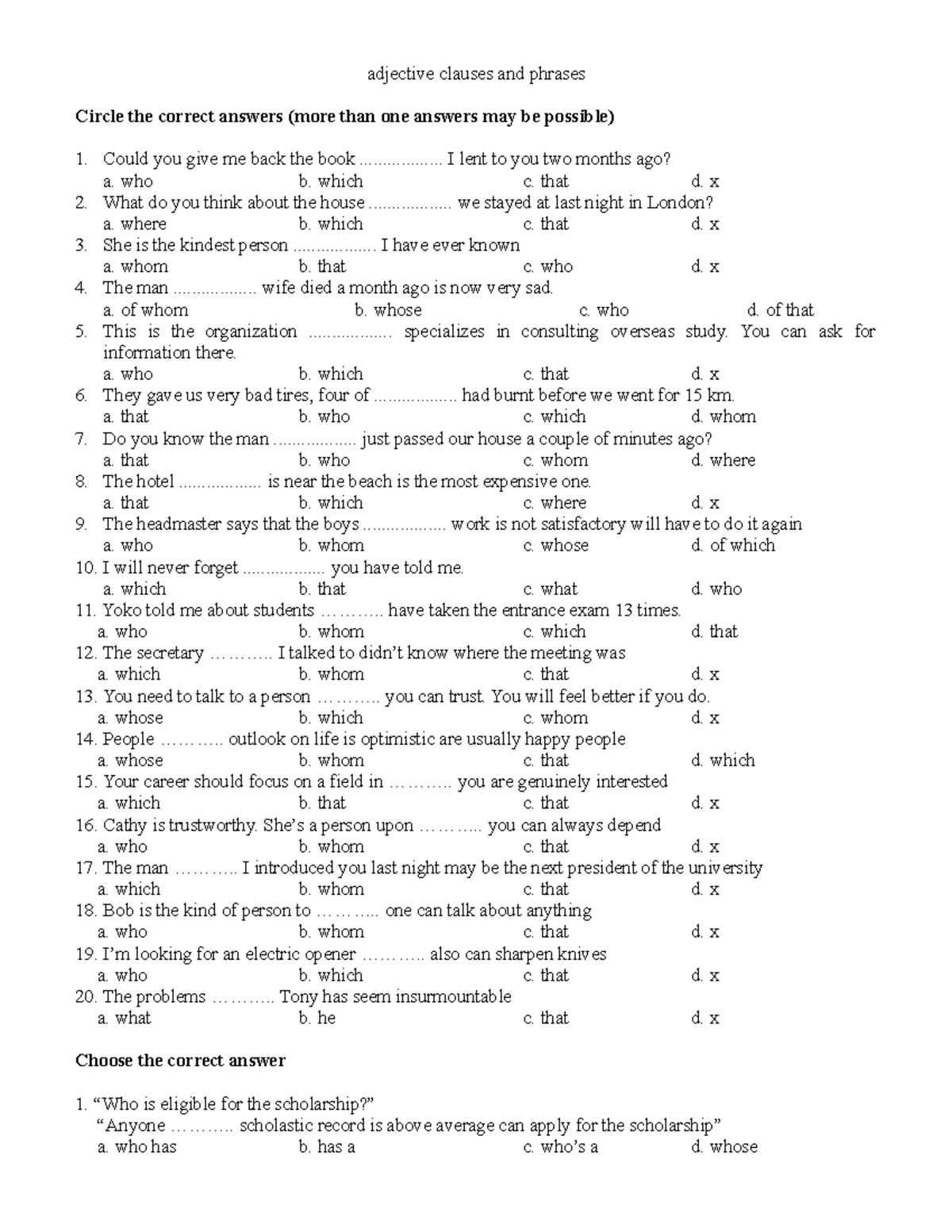 Adjective clauses and phrases - adjective clauses and phrases Circle ...