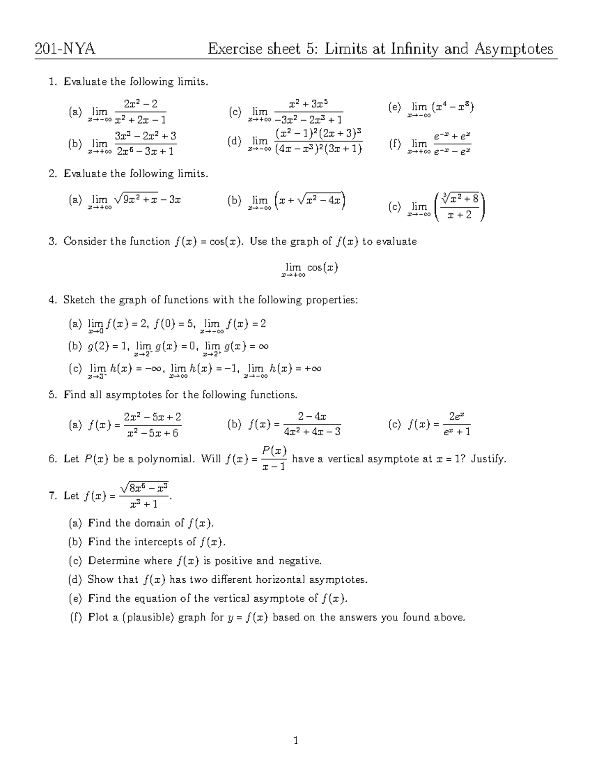 Limits at infinity and asymptotes - 201-NYA Exercise sheet 5: Limits at ...
