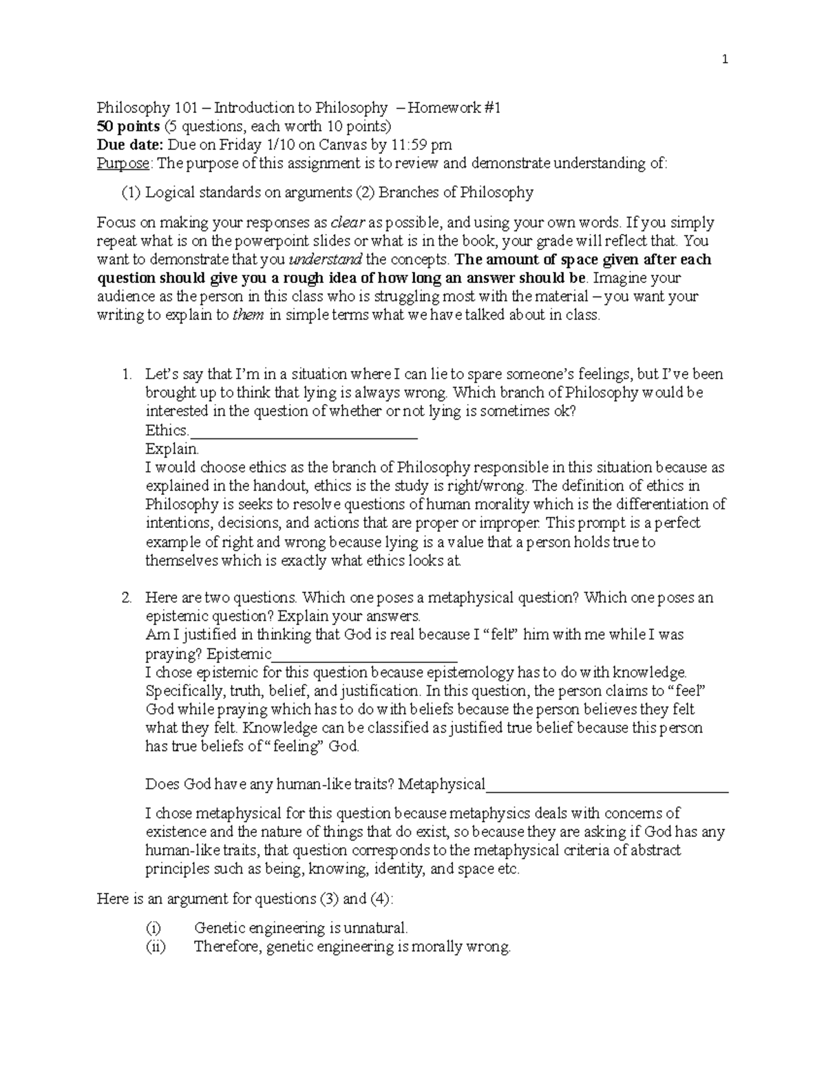 Homework 1 - Intro to philosophy. - 1 Philosophy 101 – Introduction to ...