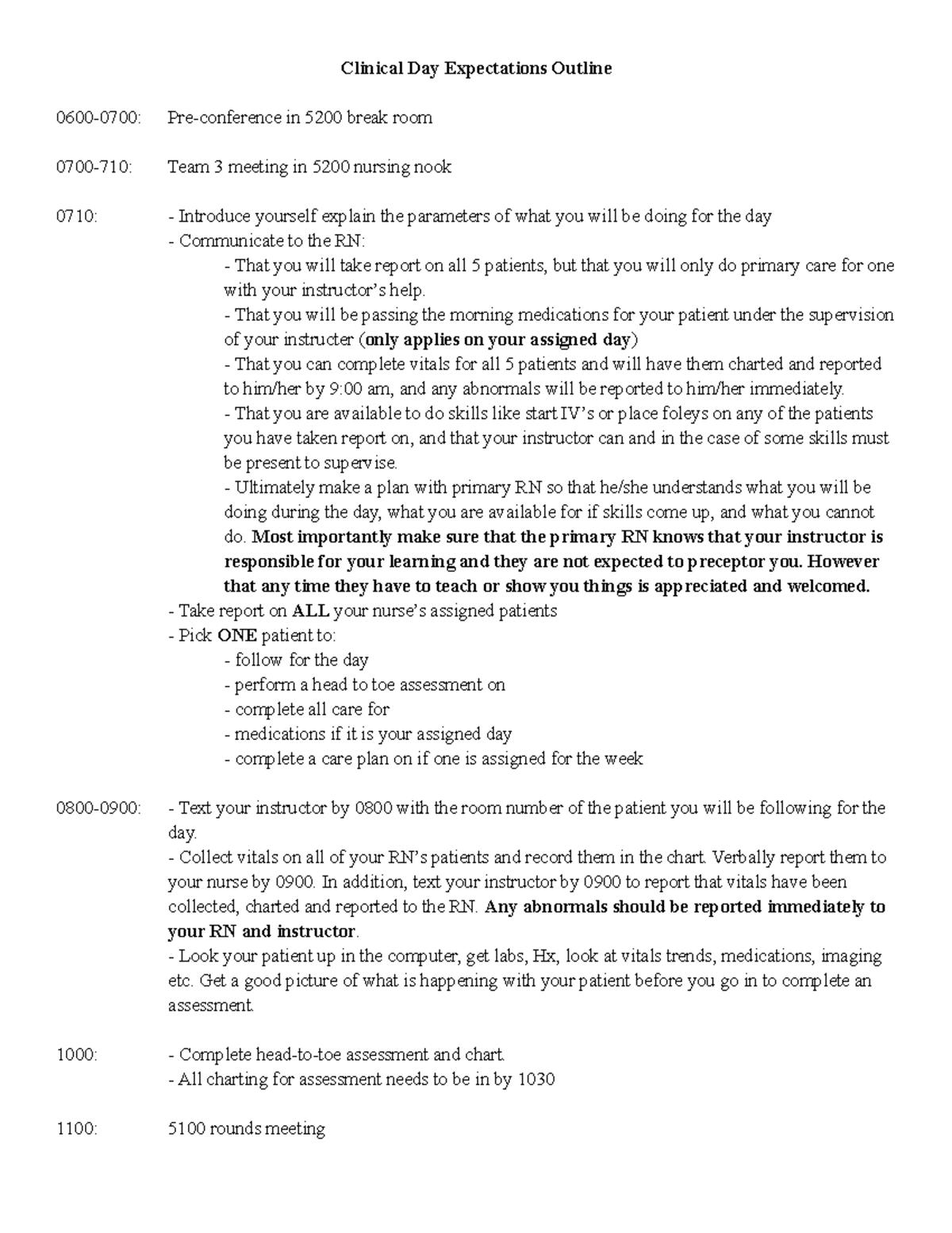 Clinical Expectations - Clinical Day Expectations Outline 0600-0700 ...