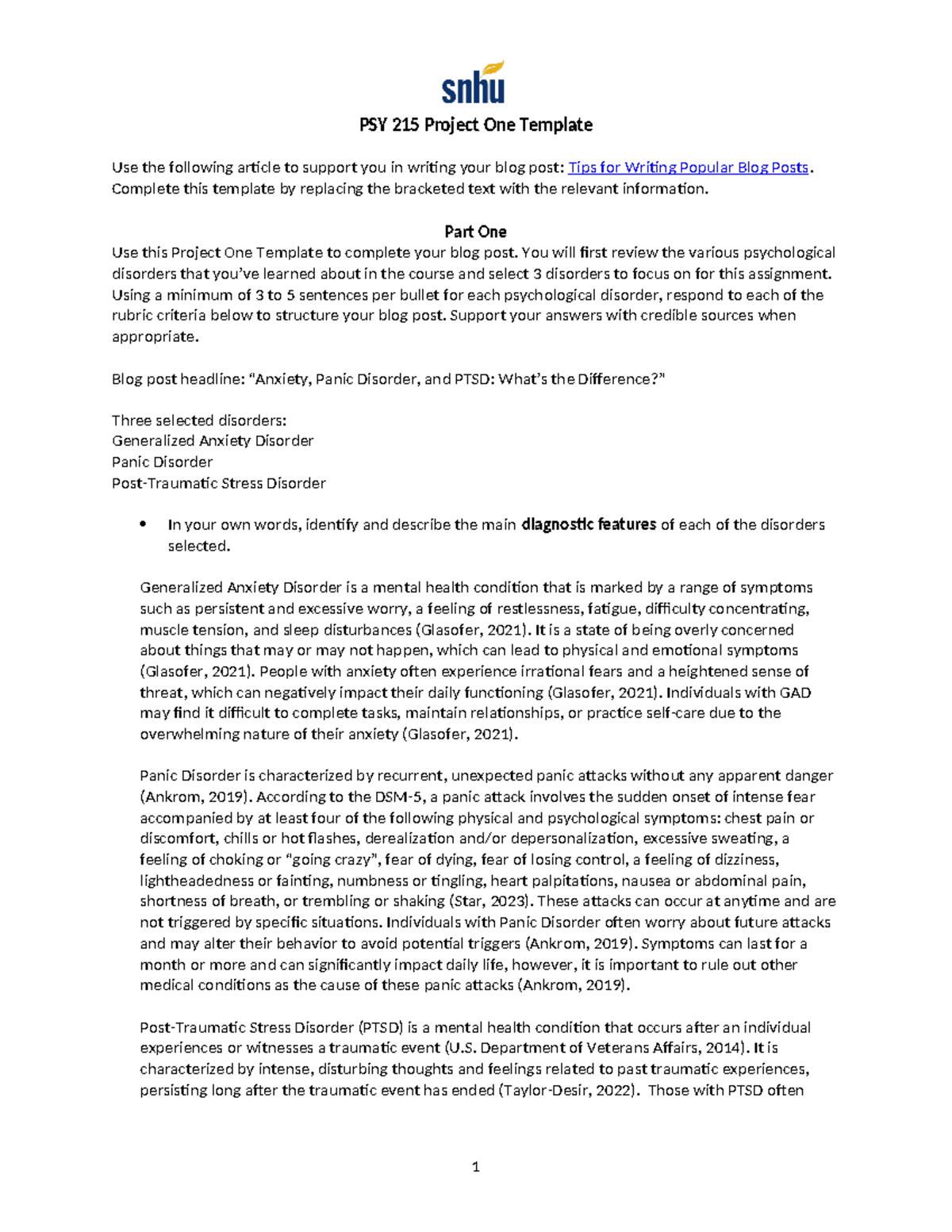 Project 1 - PSY 215 Project One Template Use the following article to support you in writing ...