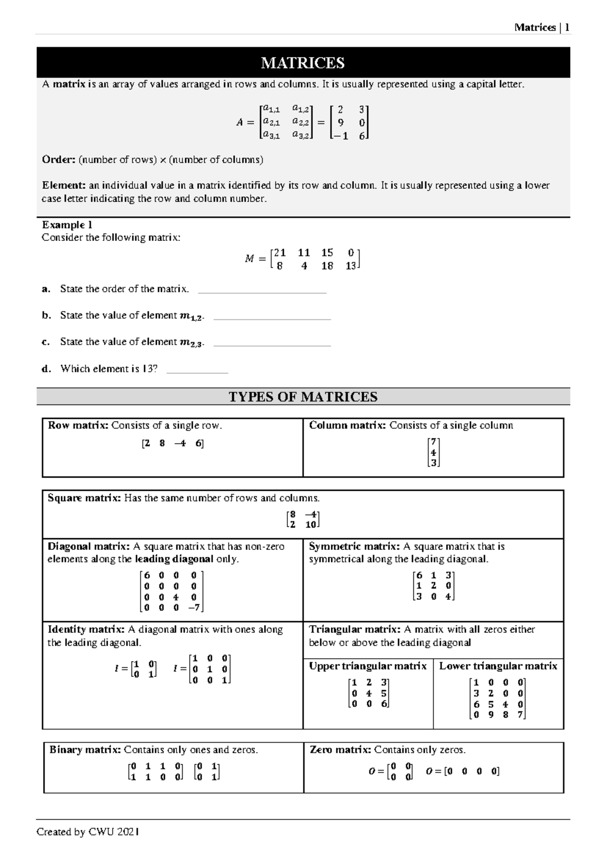 Matrices Blank Notes - practice questions - ####### Matrices | 1 ...