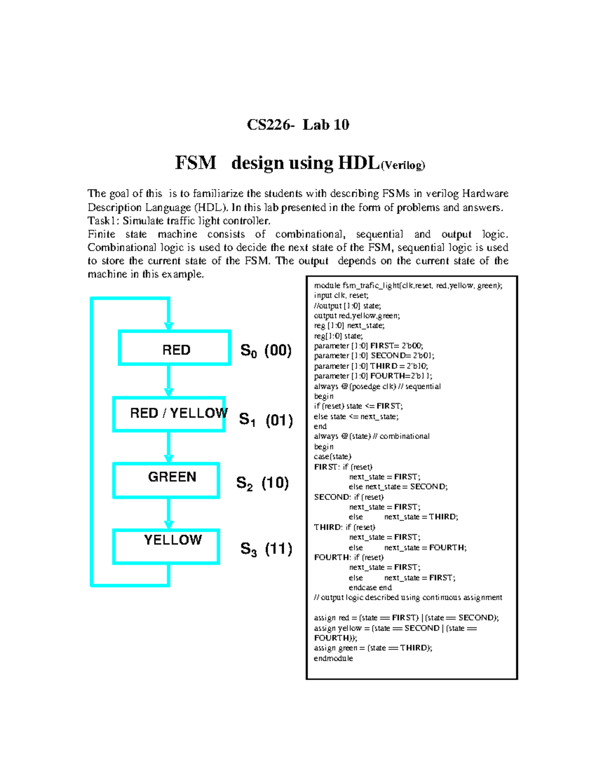 CS226 Lab10 - CS226- Lab 10 FSM design using HDL(Verilog) The goal of ...