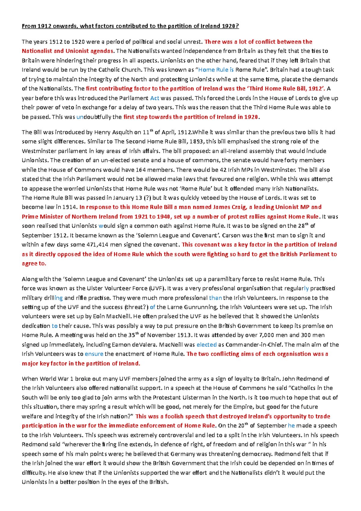 Partition of Ireland 1920 - From 1912 onwards, what factors contributed ...