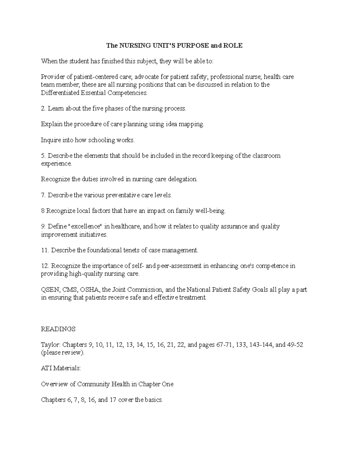 The Nursing UNIT Purpose and ROLE - The NURSING UNIT'S PURPOSE and ROLE ...
