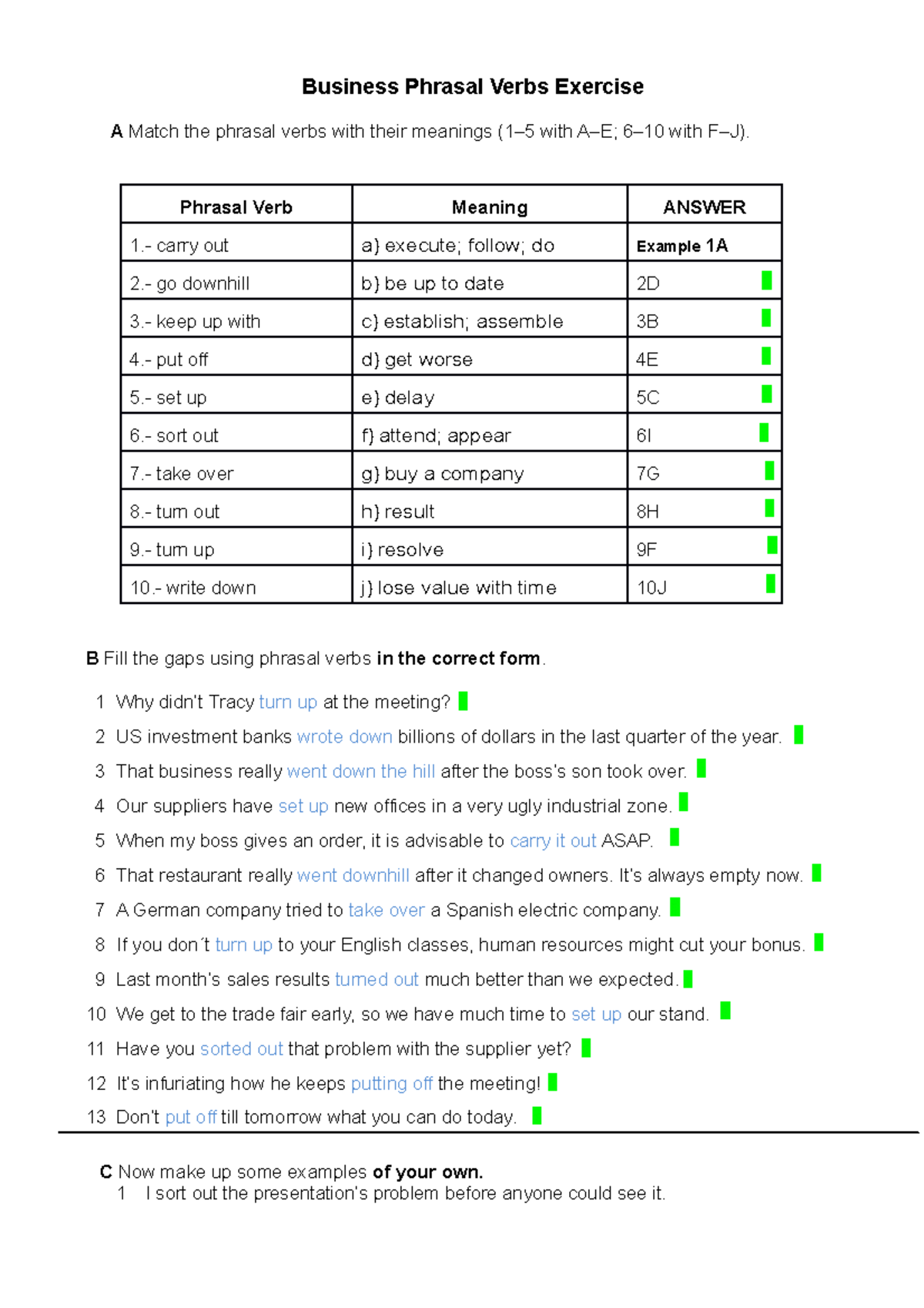 Phrasal verbs Business - Business Phrasal Verbs Exercise A Match the ...