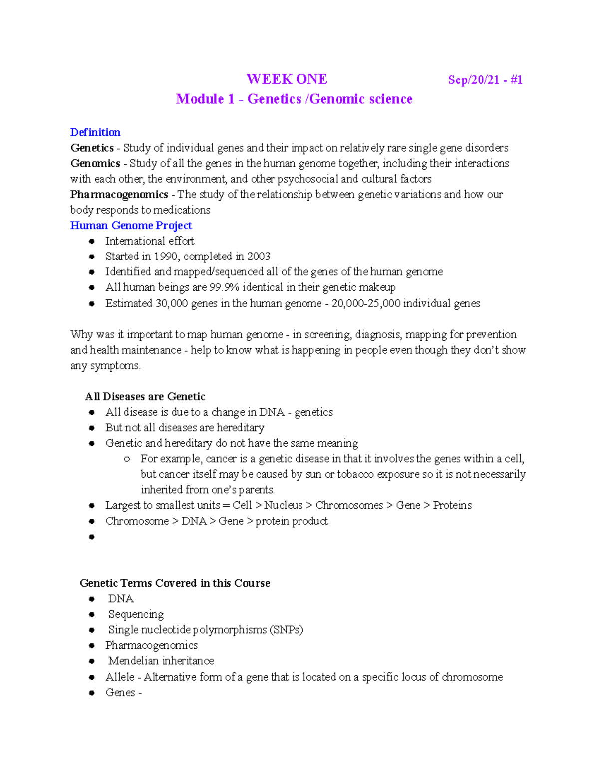 N317 - Genetics Genomic science - WEEK ONE Sep/20/21 - Module 1 ...