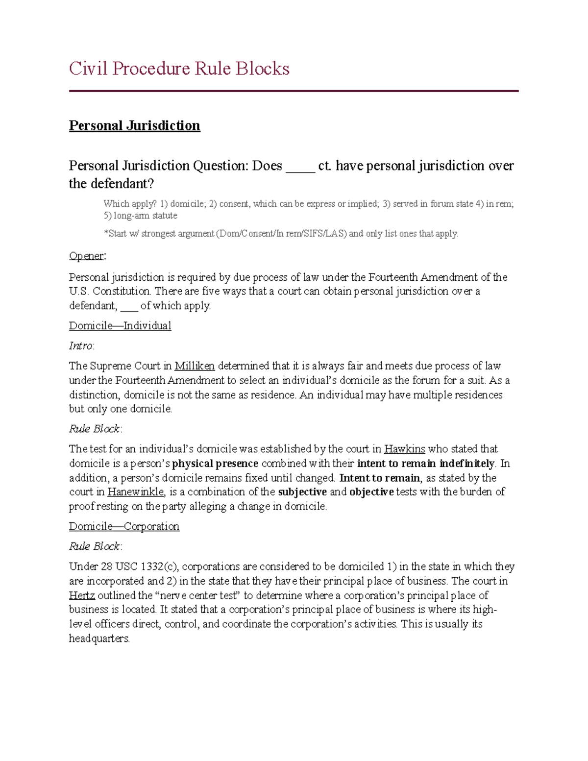 Civ Pro I Rule Blocks - Rules and Potential Essay topics for 1L exams ...