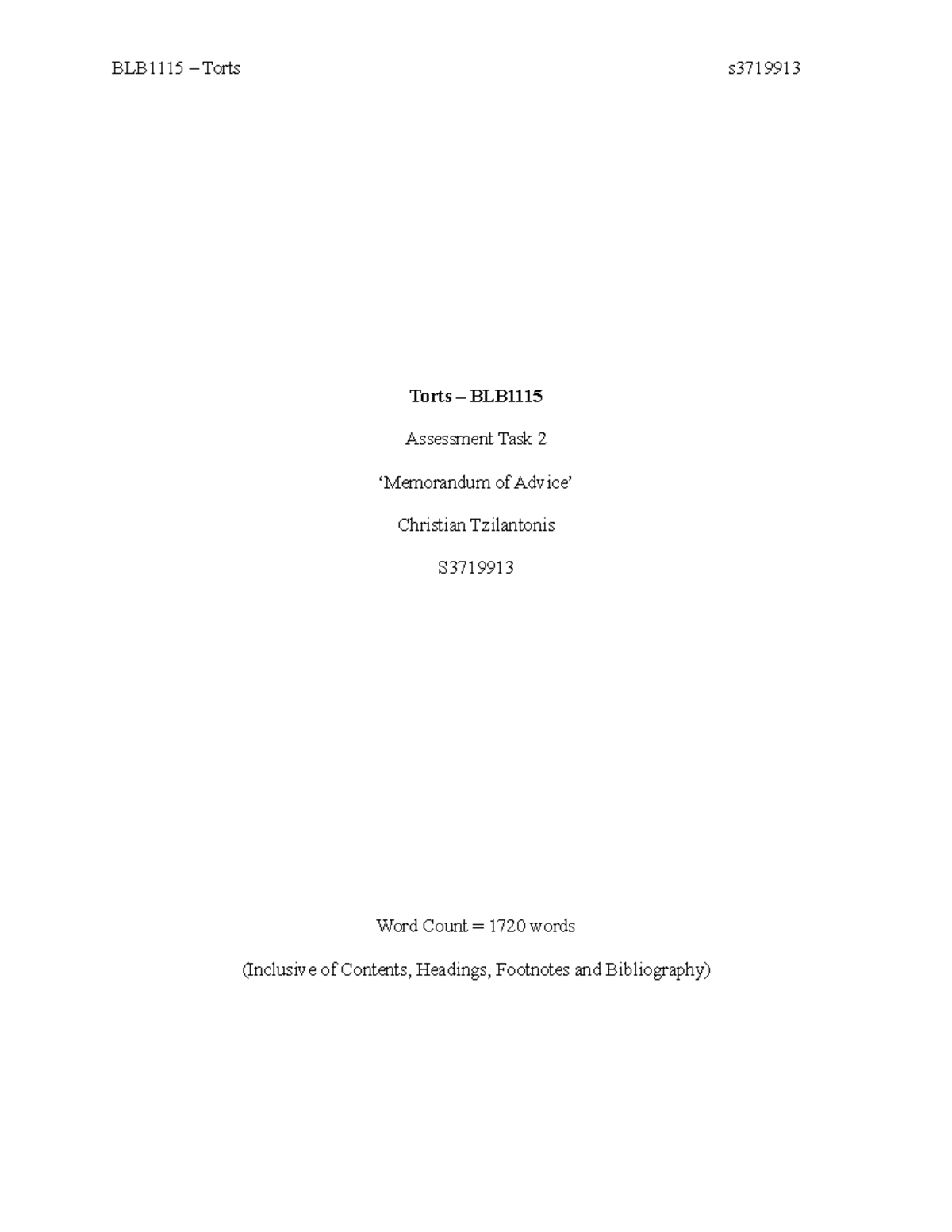 Torts - Assessment Task 2 - BLB1115 - Studocu