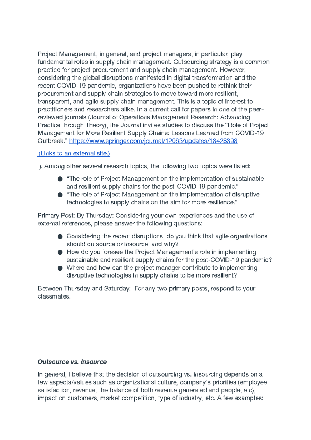 Week 5 Discussion - Outsourcing and Disruptions - Project Management ...