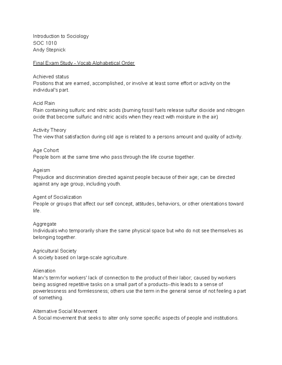 Introduction to Sociology Vocab Words - Introduction to Sociology SOC ...