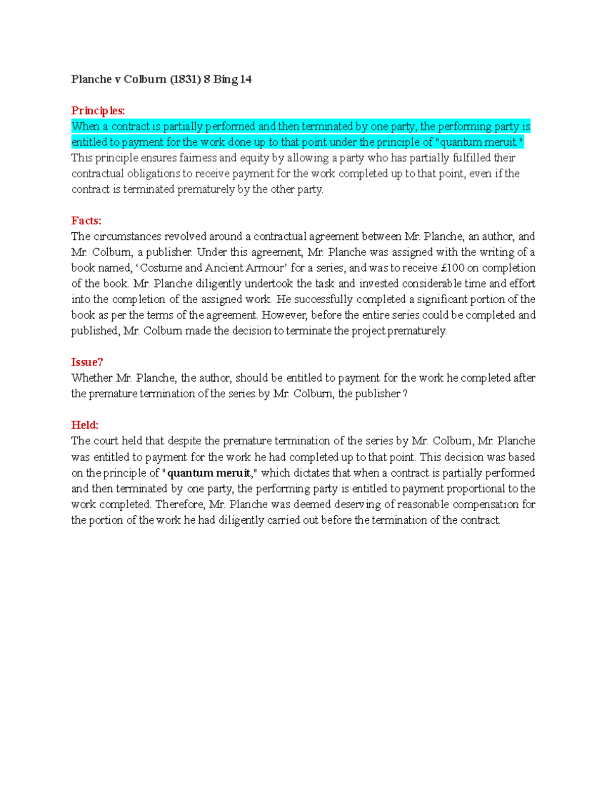 Contract Law Tutorial W11 Script - Planche v Colburn (1831) 8 Bing 14 ...