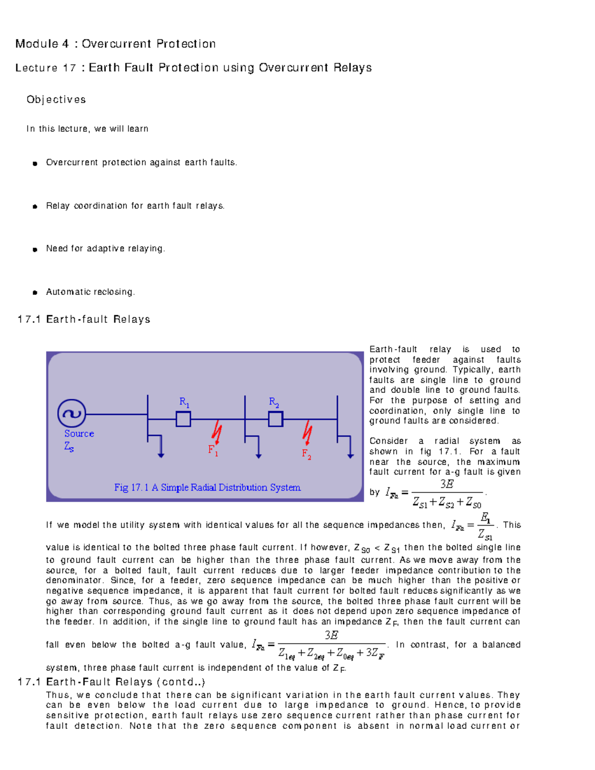 Lecture-17 - Overcurrent Protection: Earth Fault Protection using ...