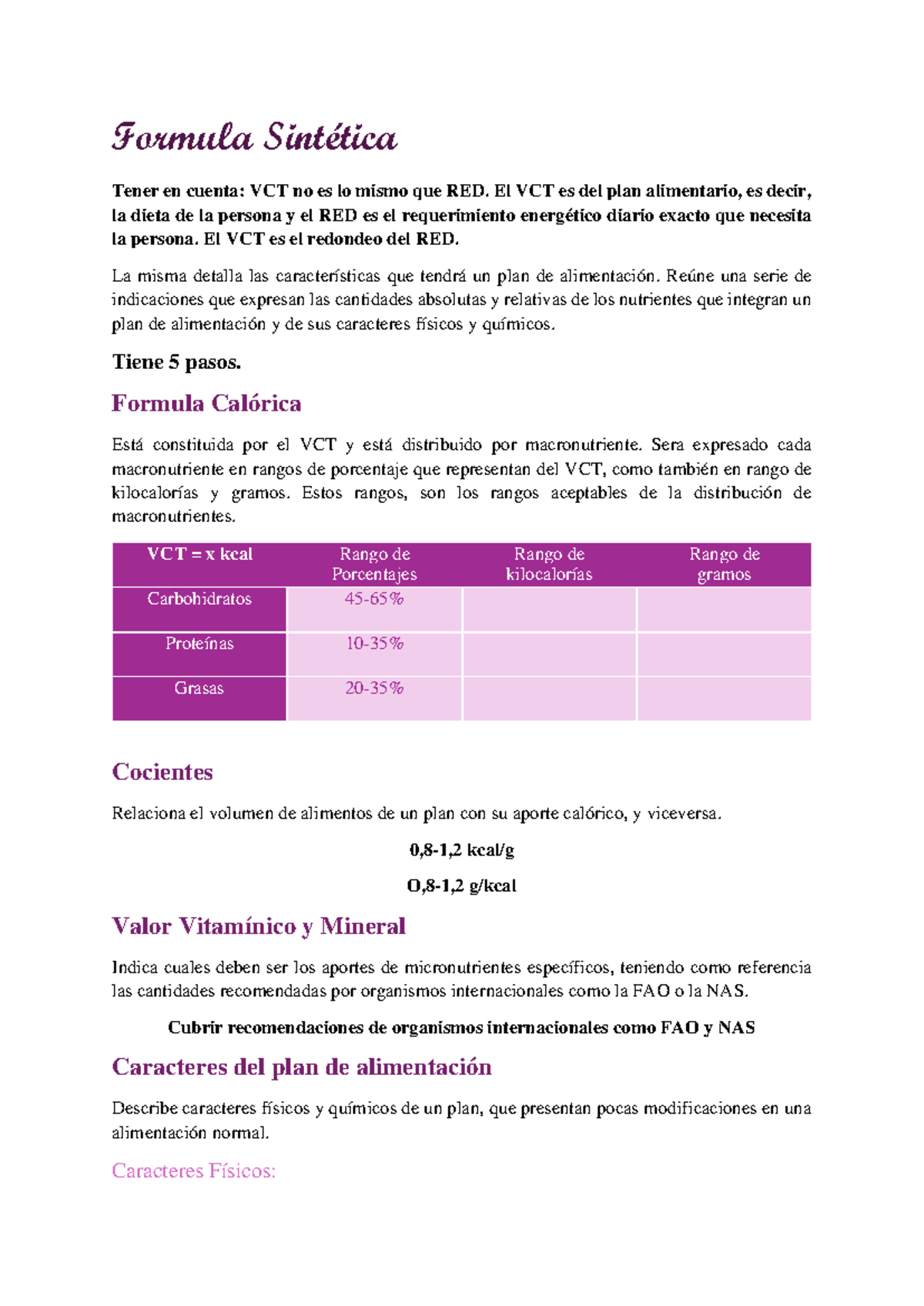 Formula Sintetica - Formula Sintética Tener en cuenta: VCT no es lo ...
