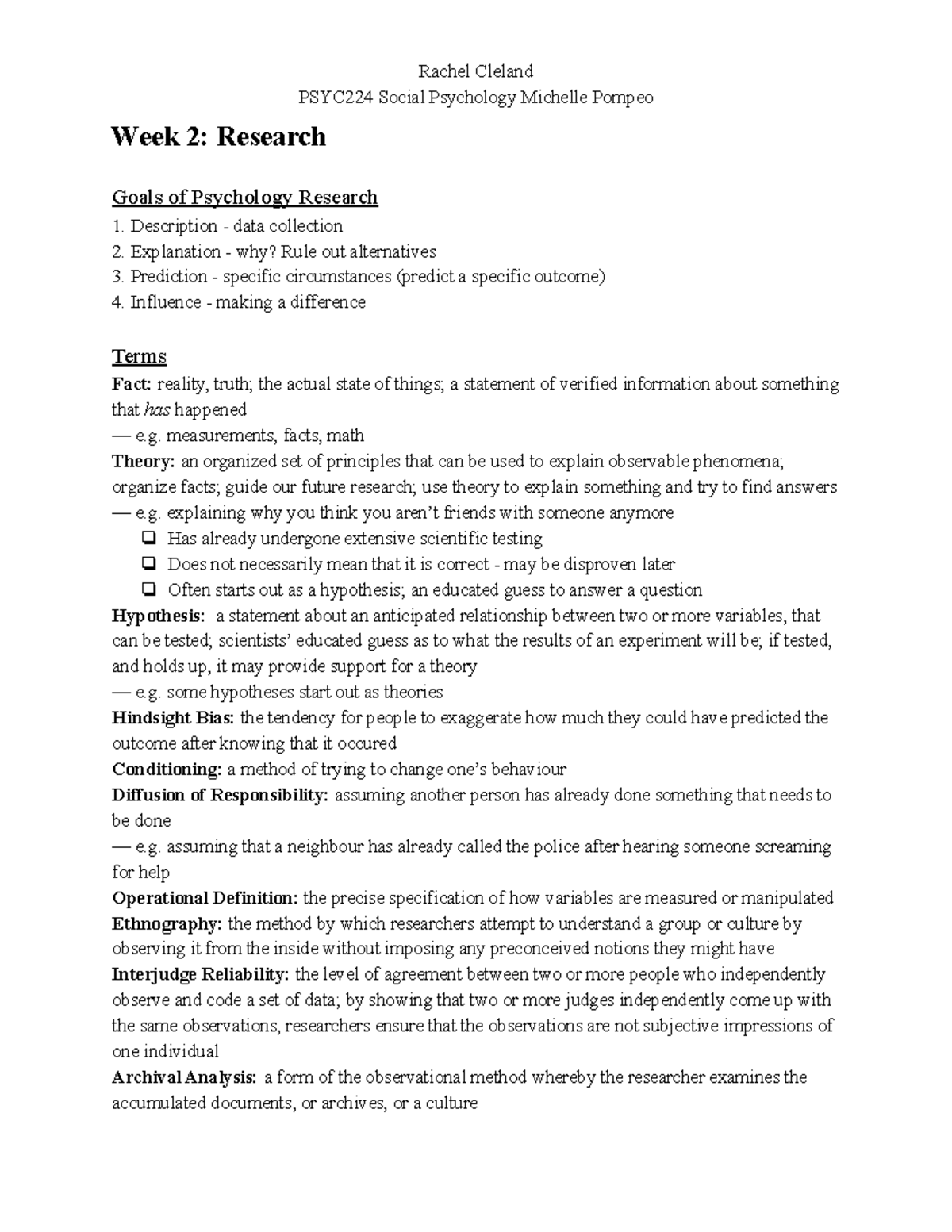 Week 2: Research - Lecture notes 2 - PSYC224 Social Psychology Michelle ...