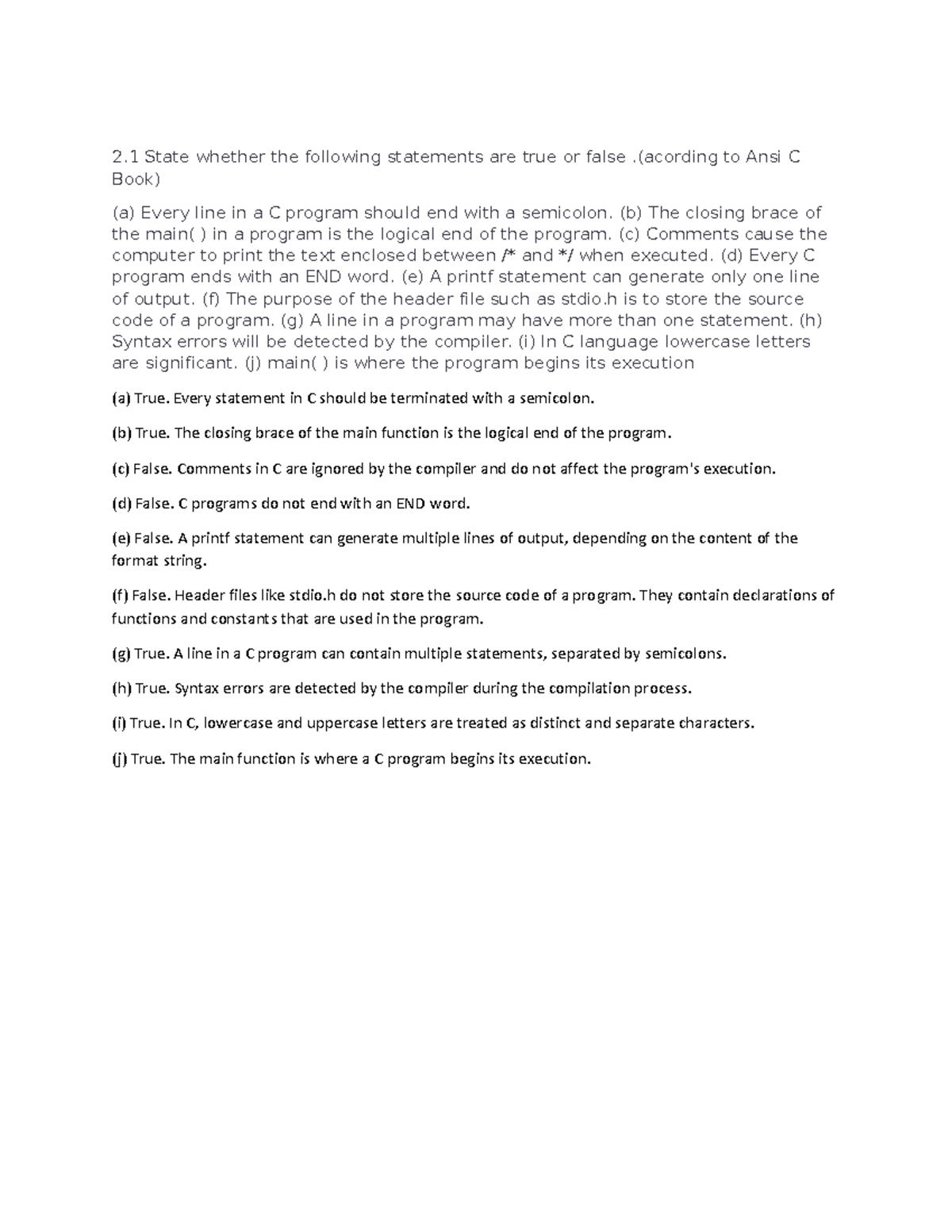 Ansi C Chatgpt C 2 No Desciptiom 2 State Whether The Following Statements Are True Or False