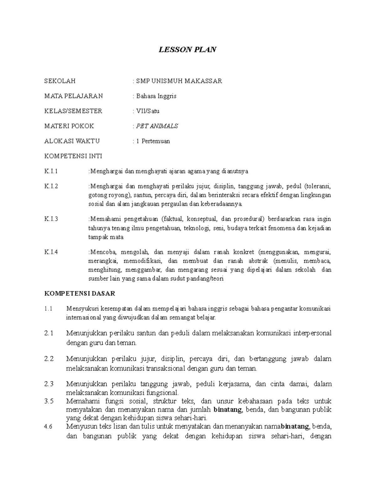 Lesson PLAN - LESSON PLAN SEKOLAH : SMP UNISMUH MAKASSAR MATA PELAJARAN ...