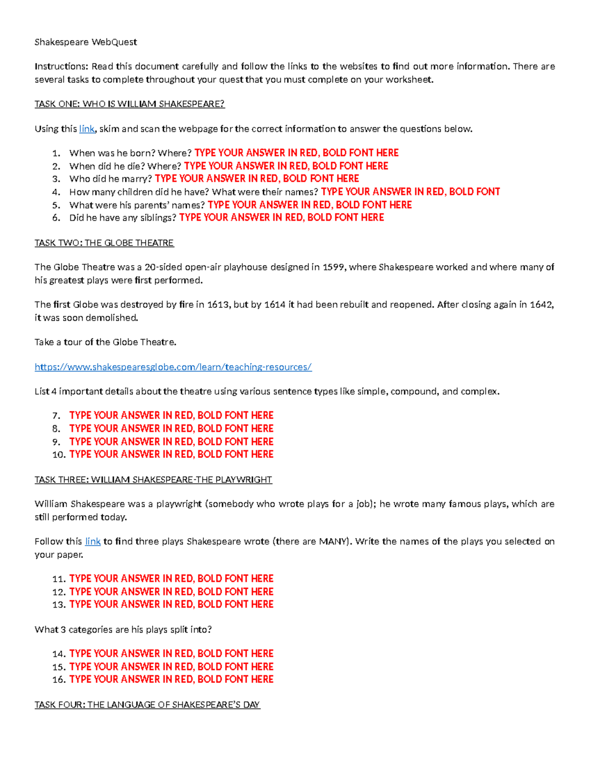 Shakespeare Web Quest - Shakespeare WebQuest Instructions: Read this ...