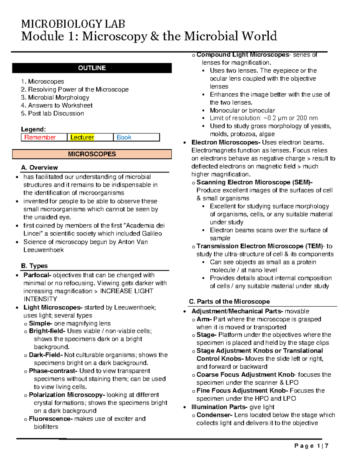 Bio425L Module 1 Microscopy Microbial World Notes MICROBIOLOGY LAB