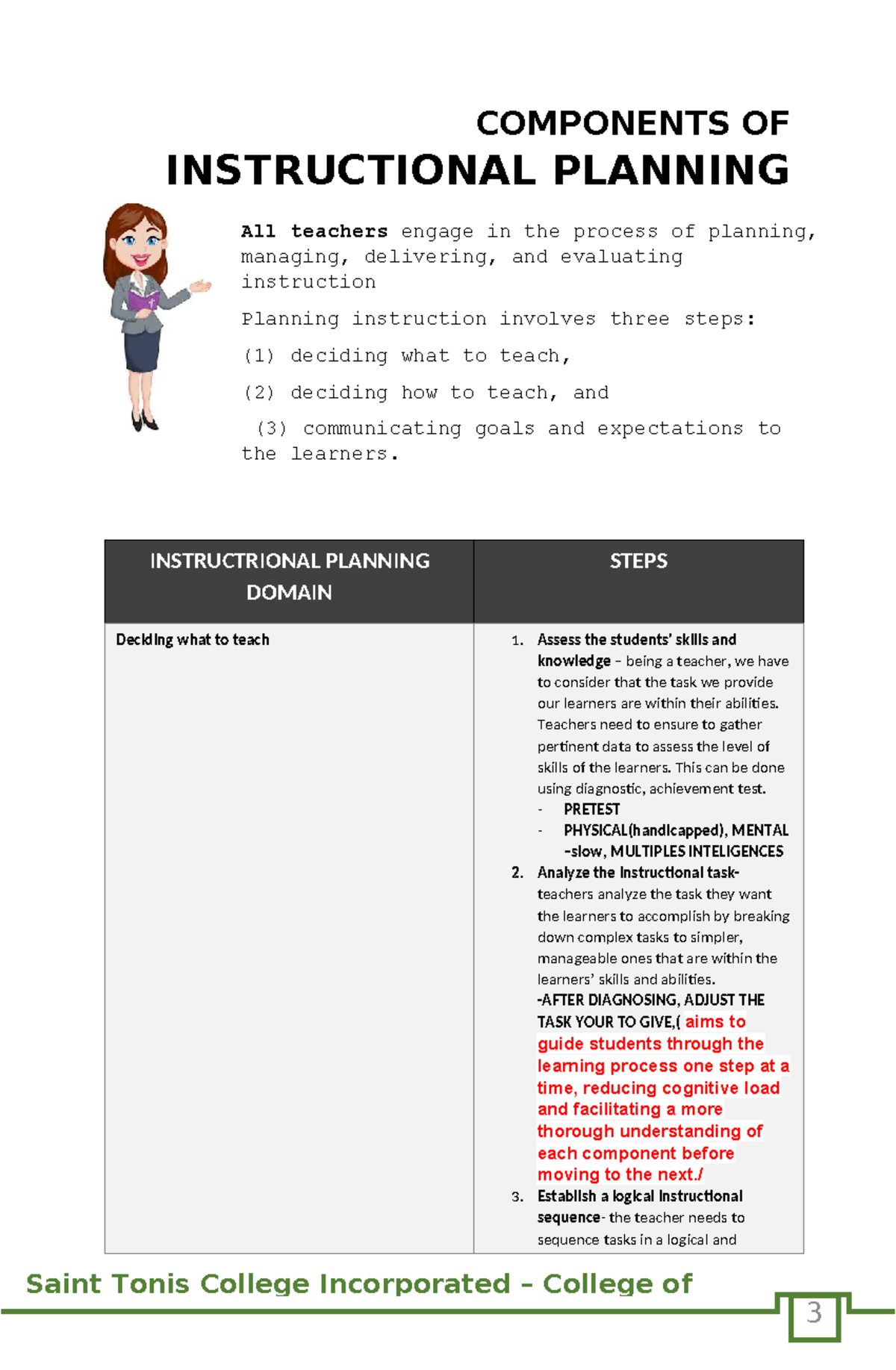 Week 1 - Components Instructional Planning - 3 Saint Tonis College ...