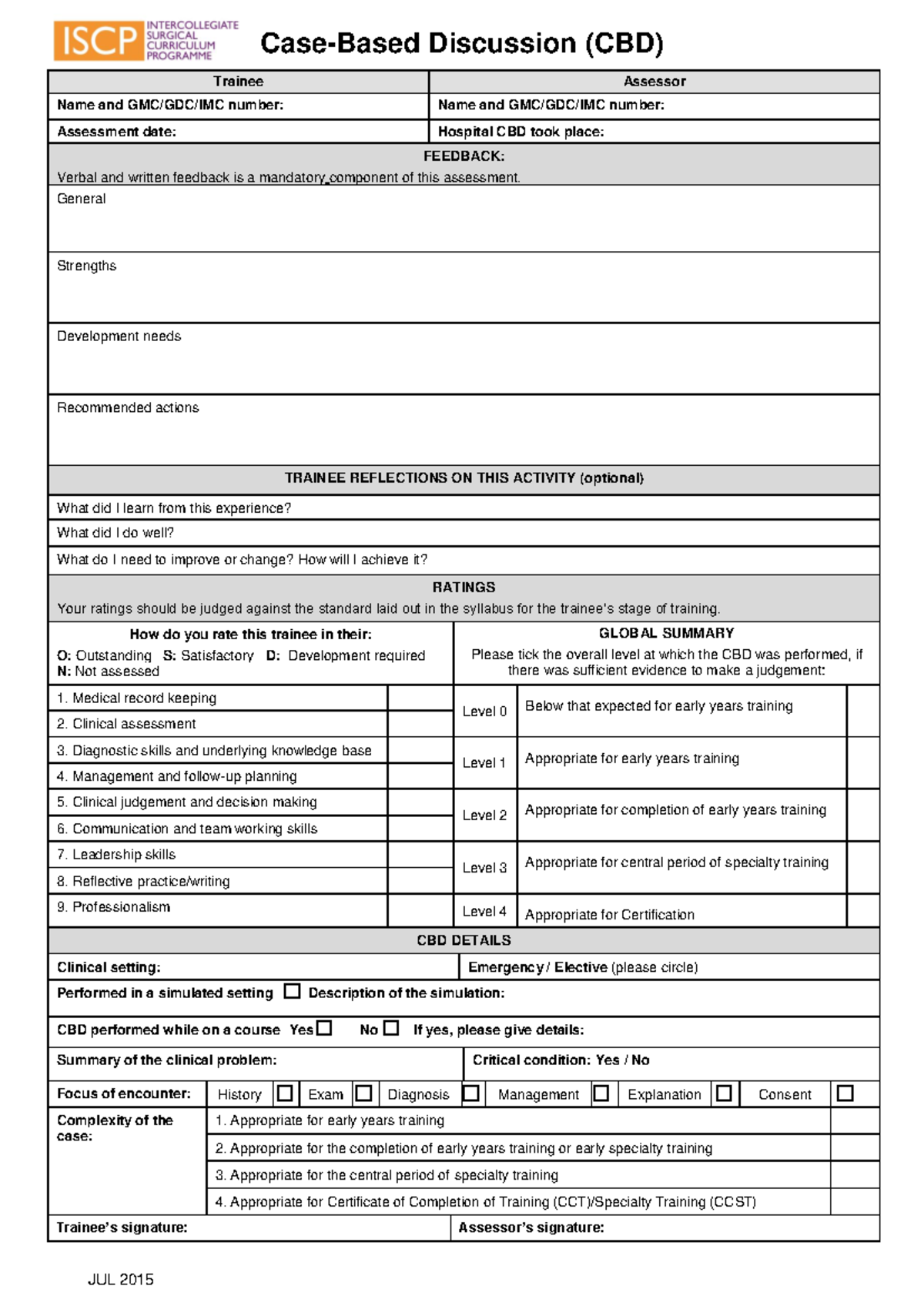 CBD case based discussion July - JUL 2015 Trainee Assessor Name and GMC ...