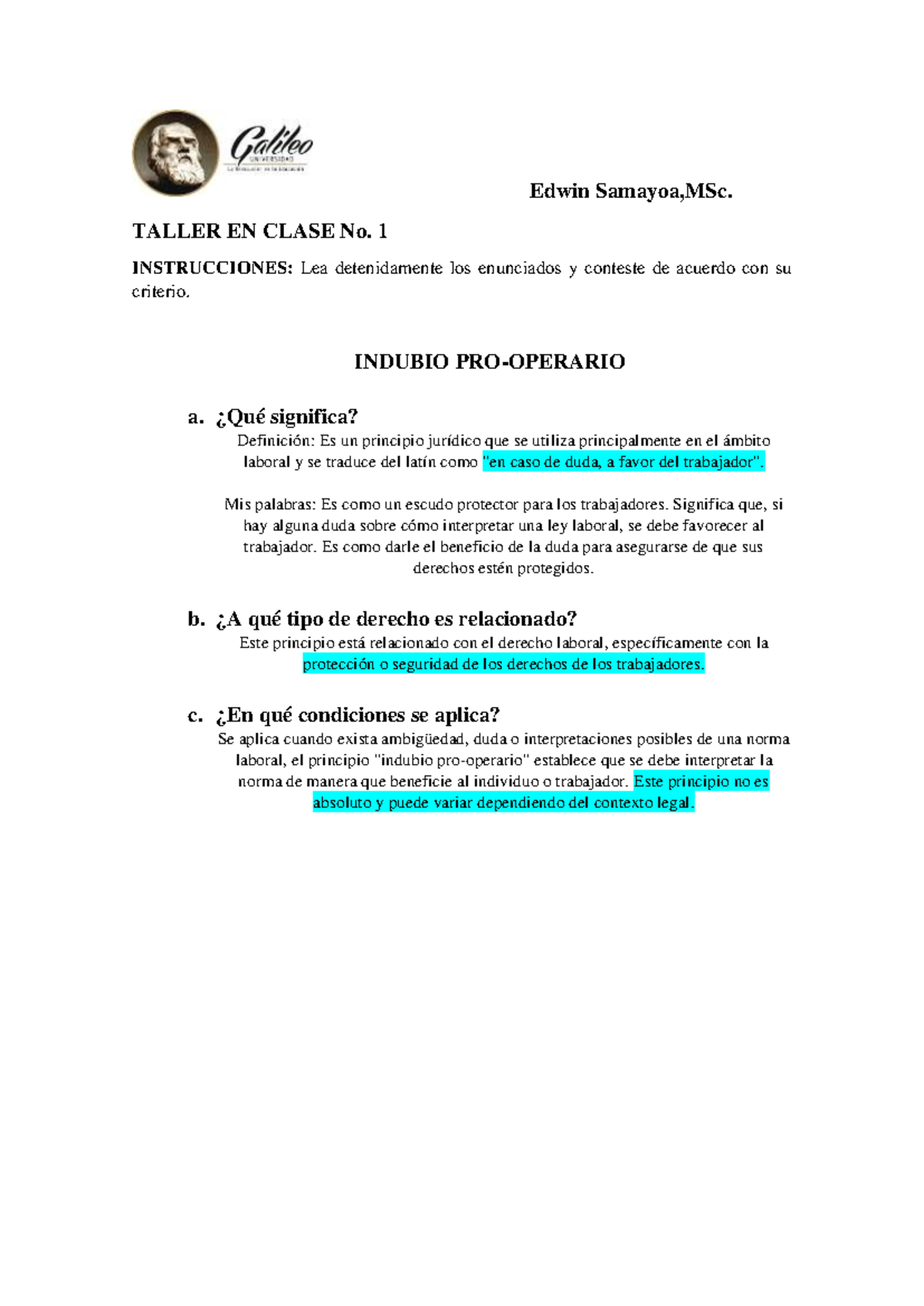 Laboratorio Indubio pro operario - Edwin Samayoa,MSc. TALLER EN CLASE ...
