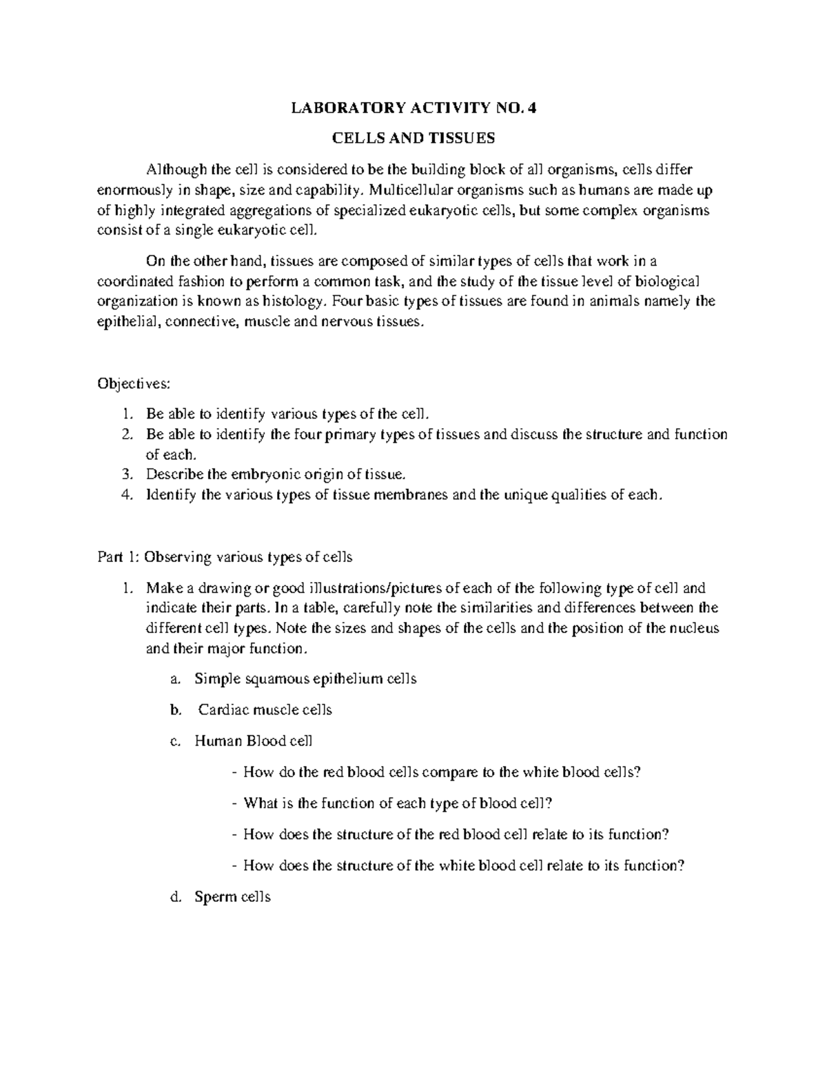 4 Cells AND Tissues - ..... - LABORATORY ACTIVITY NO. 4 CELLS AND ...