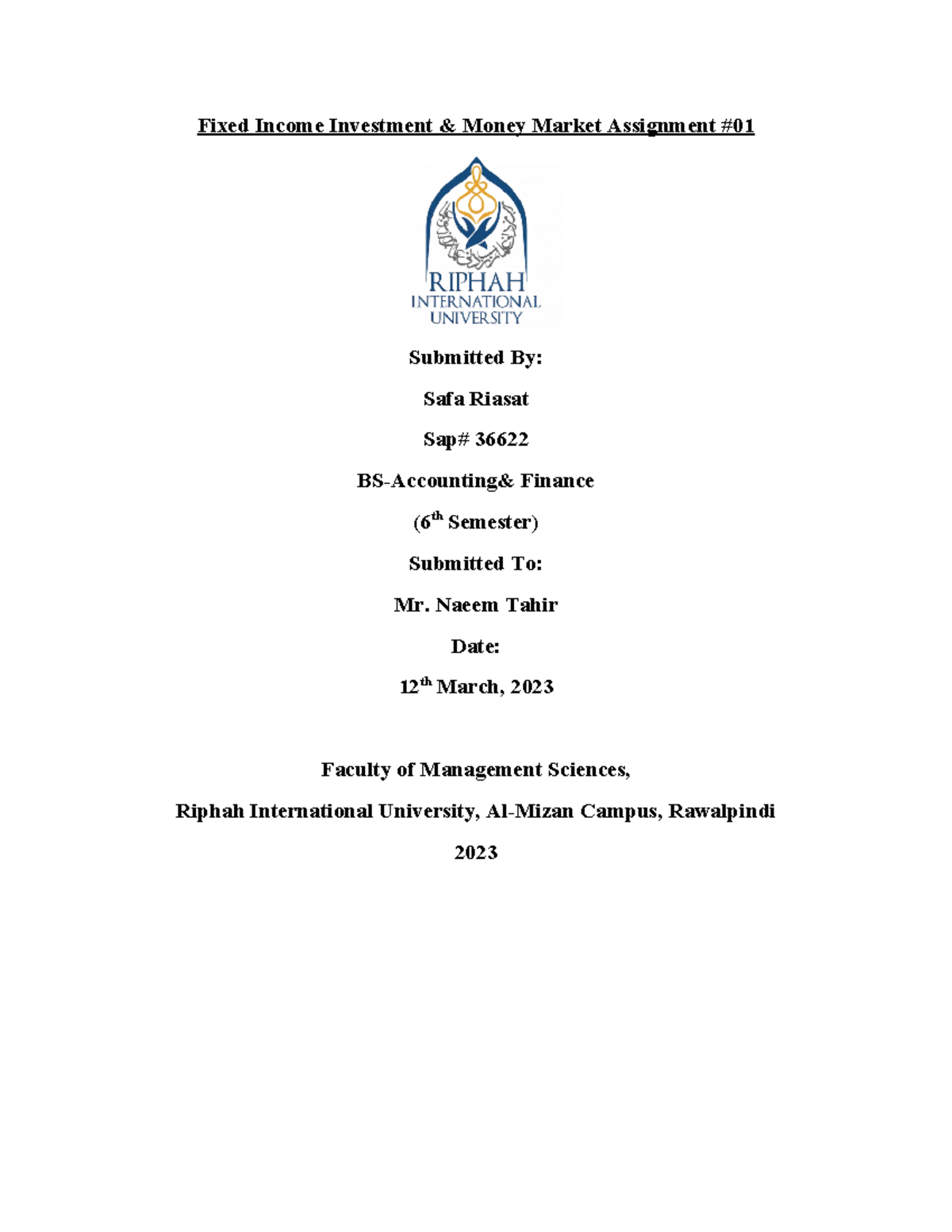 Assignment#01 - Fixed Income Investment & Money Market Assignment ...