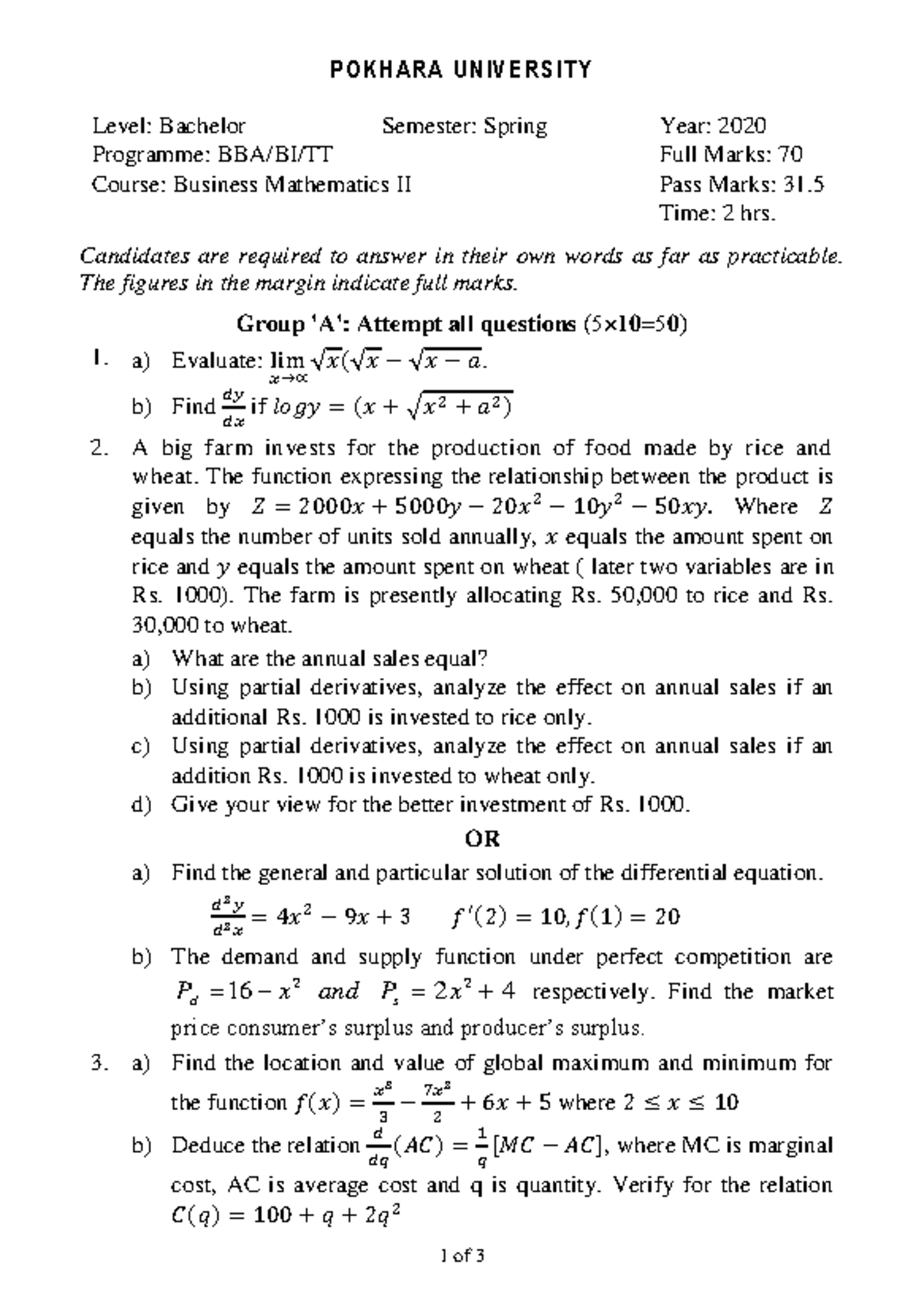 Business Mathematics II - Time: 2 hrs. Candidates are required to ...