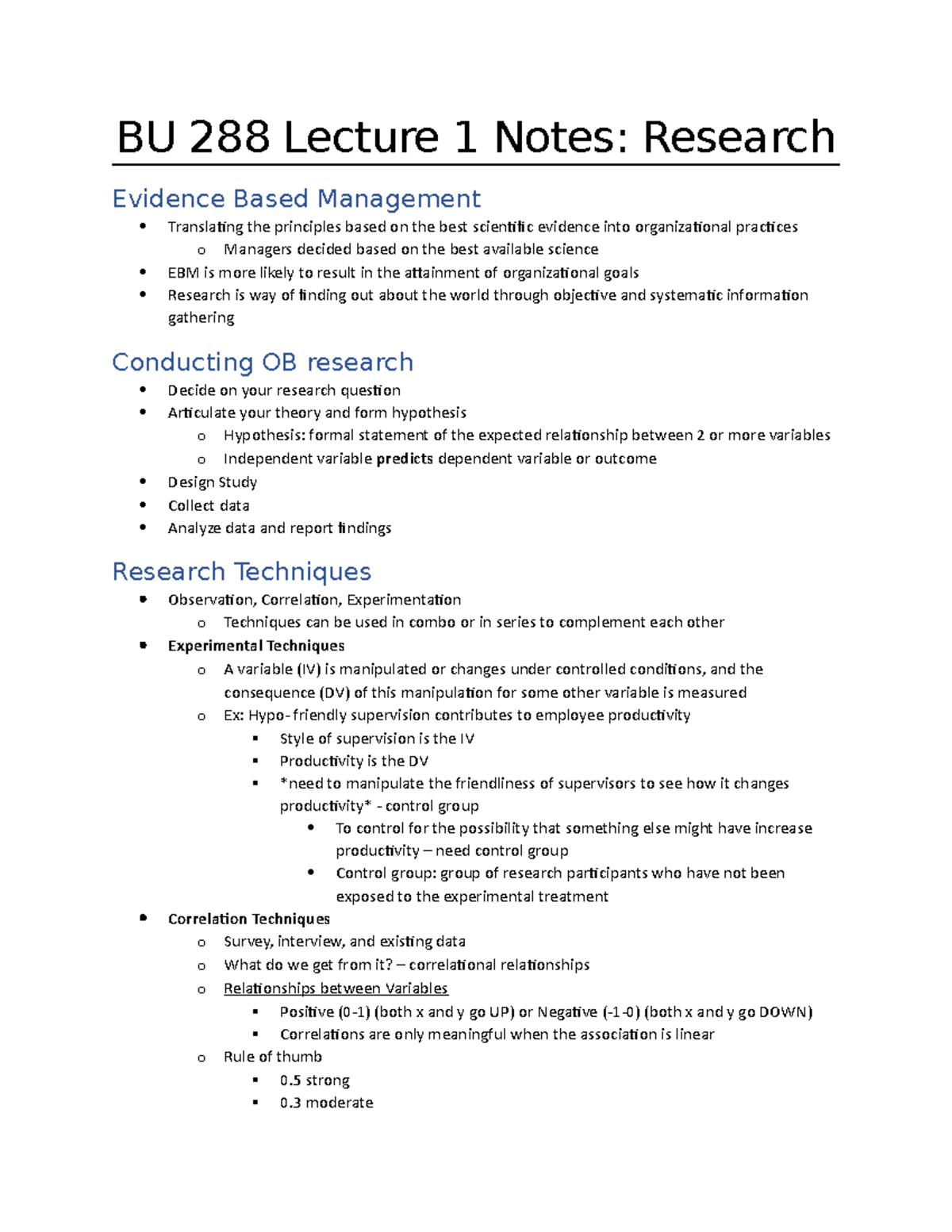 BU 288 Lecture 1 Notes - BU 288 Lecture 1 Notes: Research Evidence ...