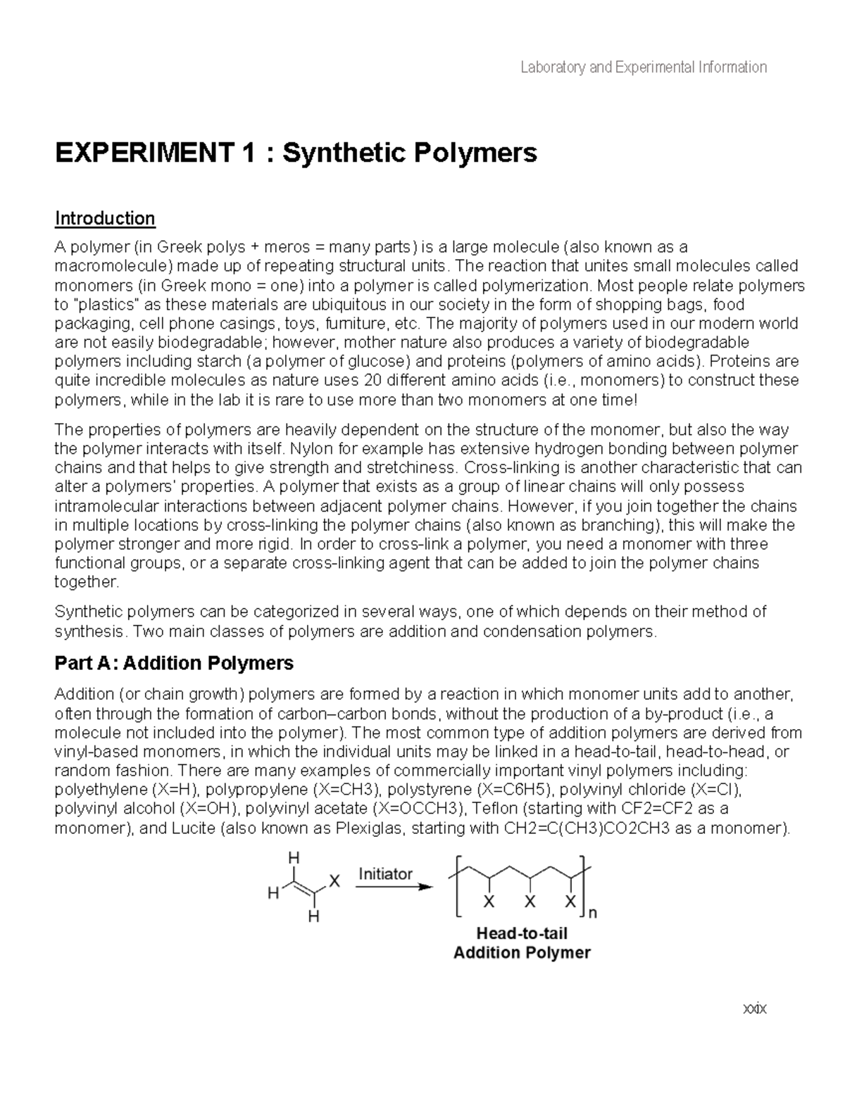 Exp 1 - lab 1 - Laboratory and Experimental Information xxix EXPERIMENT 1 : Synthetic Polymers ...