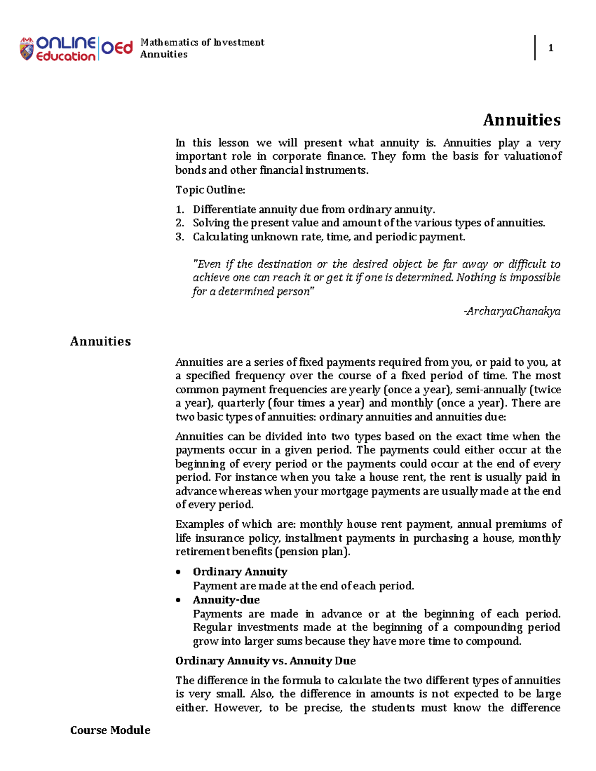 Week004 Course Module Annuities Mathematics Of Investment Annuities 1 Course Module Annuities