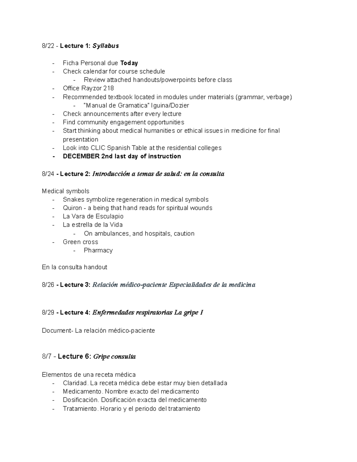 SPAN 321 Notes - Montalvo - 8/22 - Lecture 1: Syllabus Ficha Personal ...