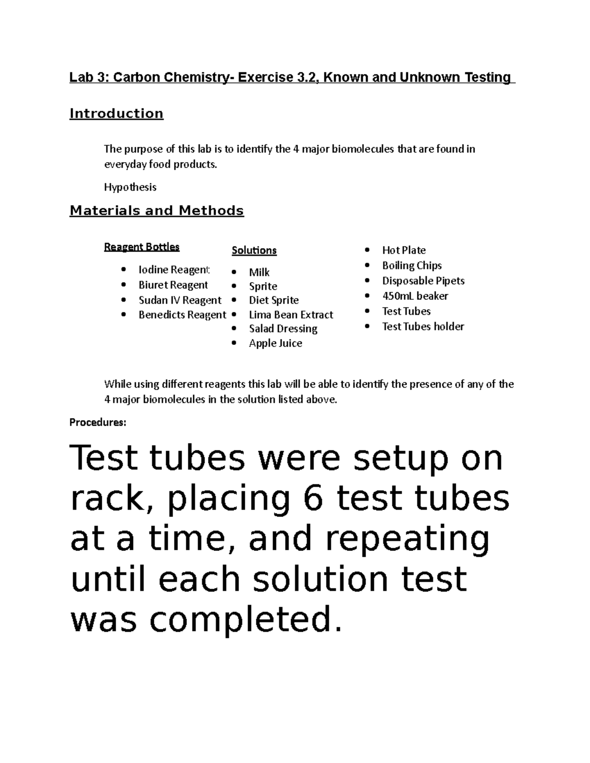 Biology Lab Report - Lab 3: Carbon Chemistry- Exercise 3, Known and ...