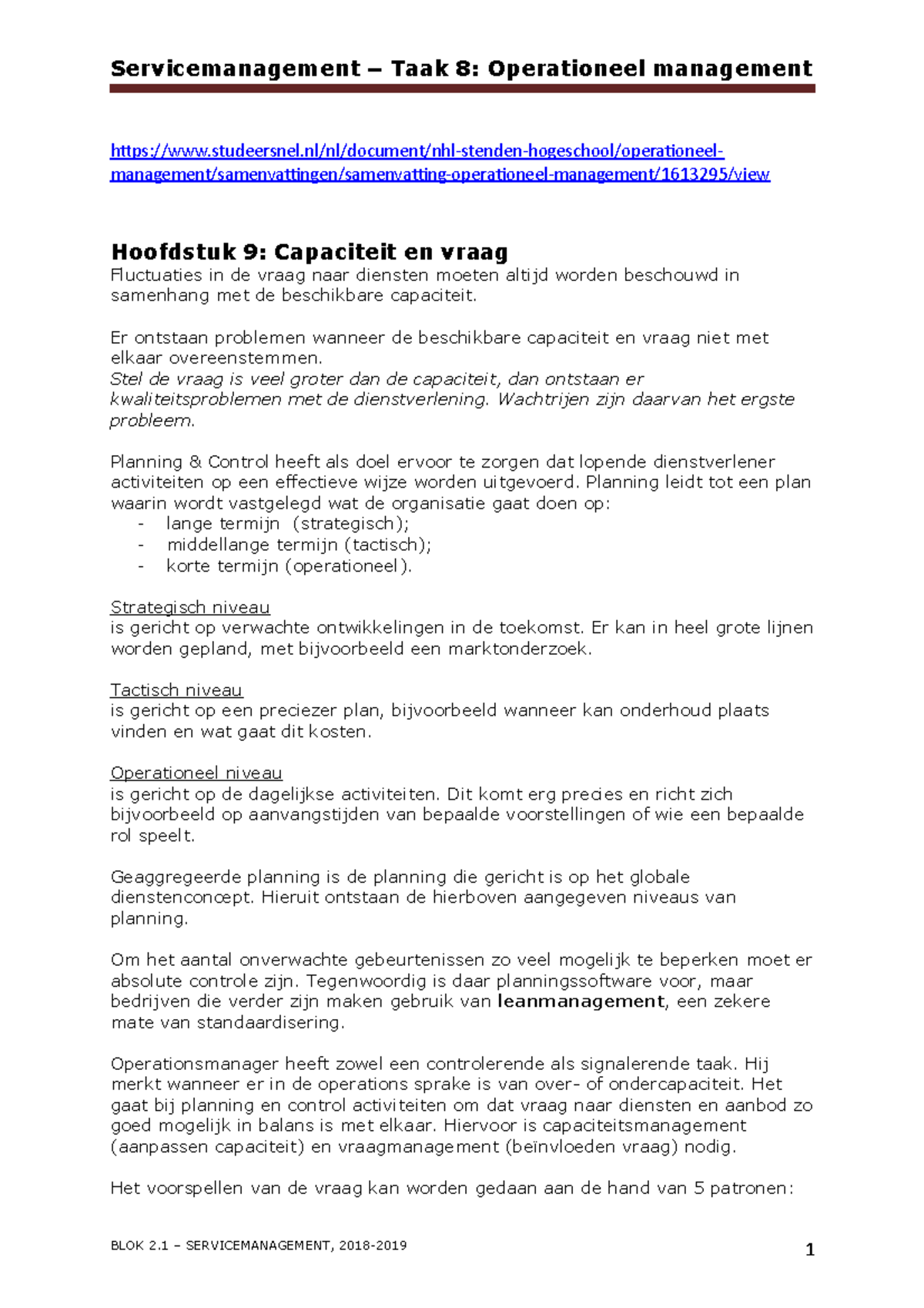 Samenvatting Operationeel Management In De Dienstverlening - - Studeersnel