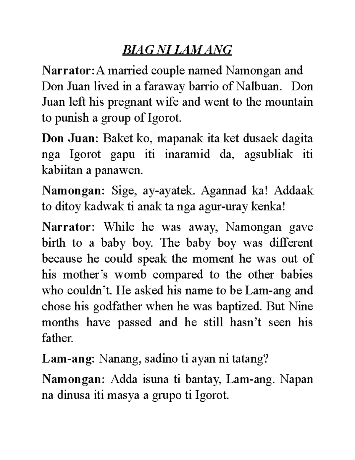 Biag ni lam-ang script - BIAG NI LAM ANG Narrator:A married couple ...