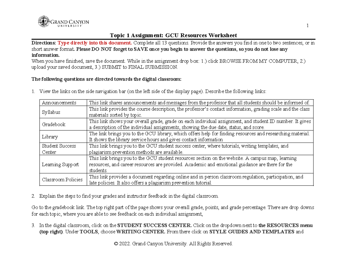 University success - Topic 1 Assignment: GCU Resources Worksheet ...