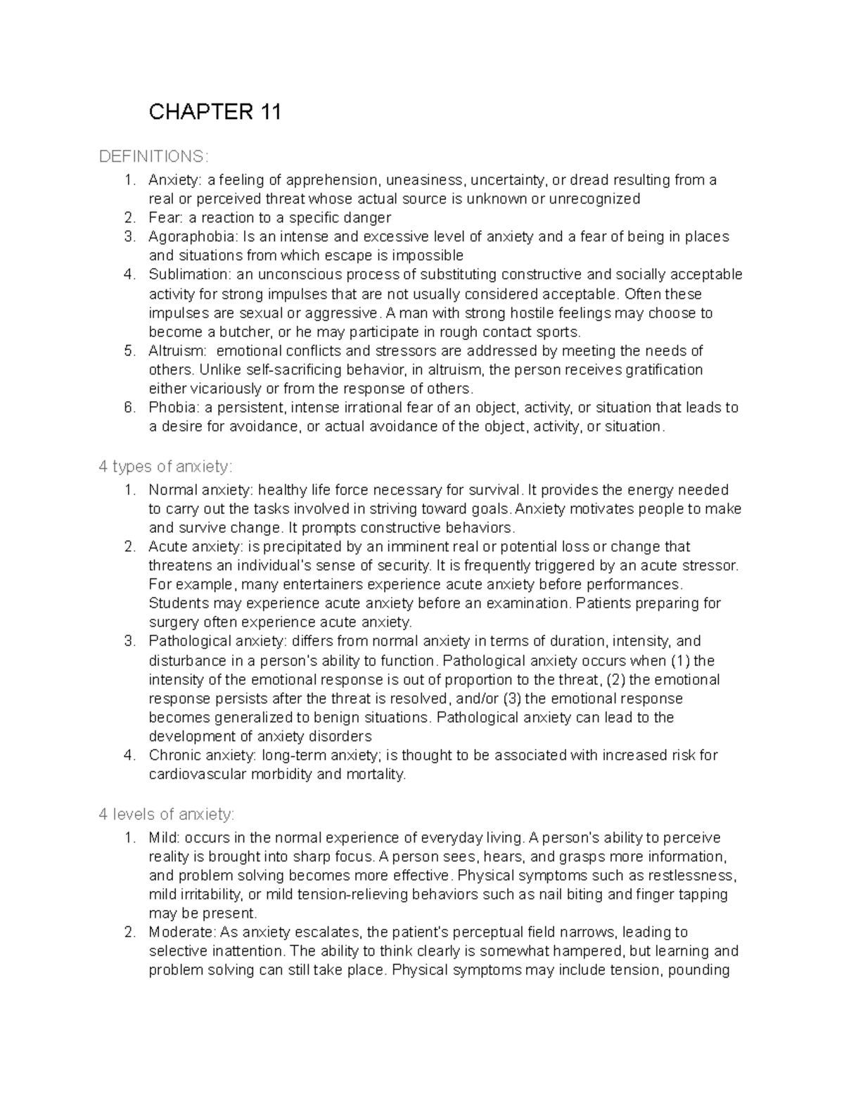 Chapter 11, 12, 15 - CHAPTER 11 DEFINITIONS: 1. Anxiety: a feeling of ...