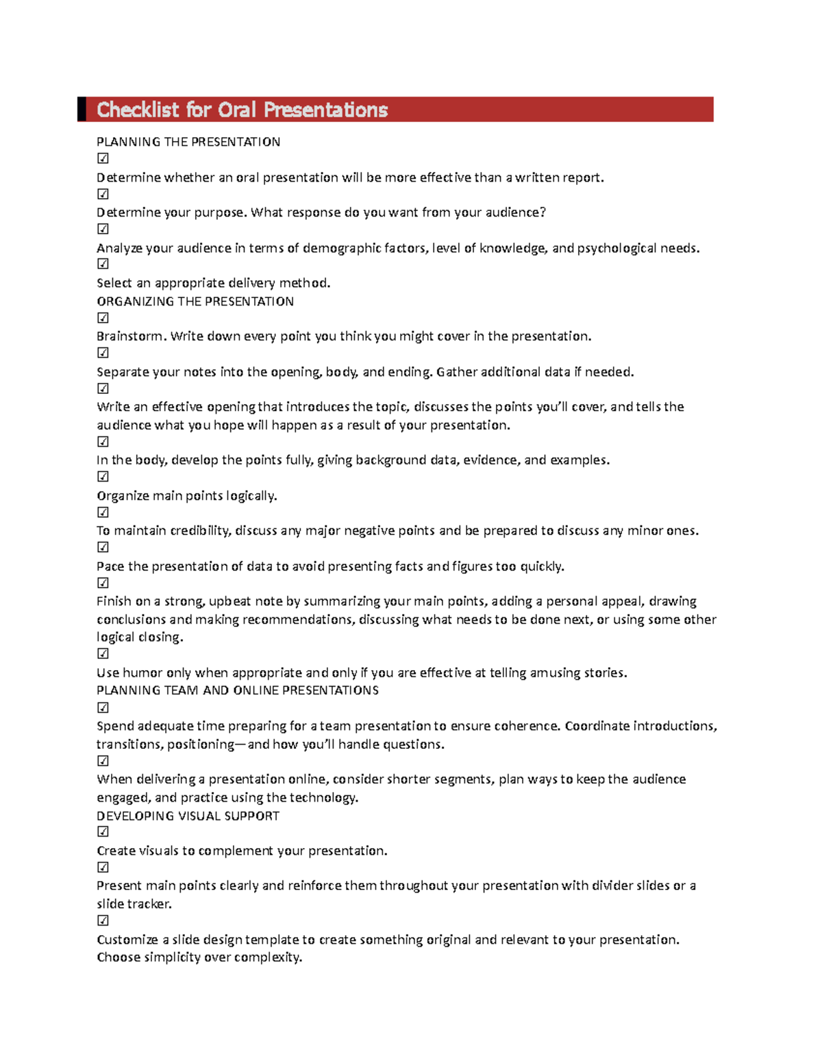 ORAL Presentation Cheklist - Checklist for Oral Presentations PLANNING ...