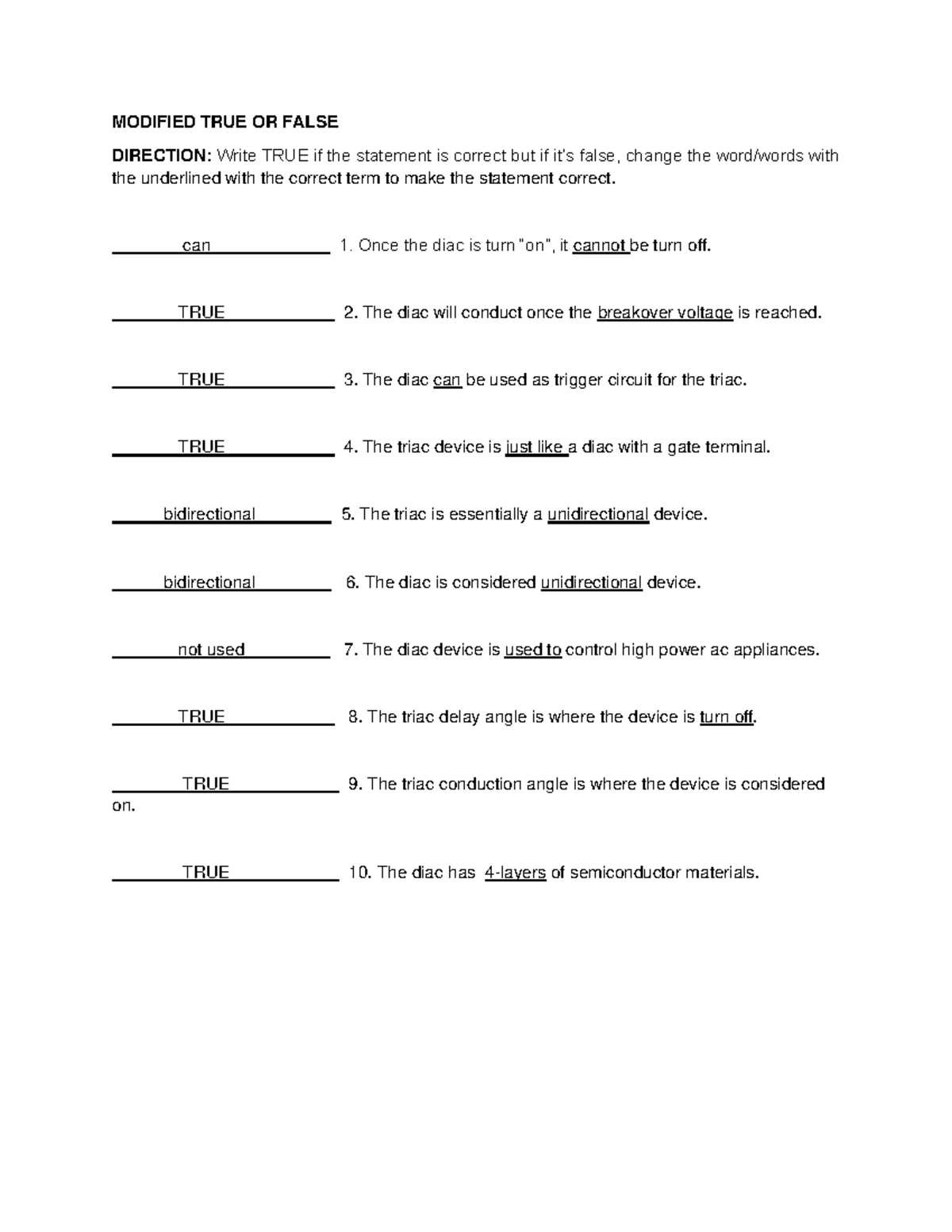 Electronics - Modified TRUE OR False Activity WITH Answers - MODIFIED ...