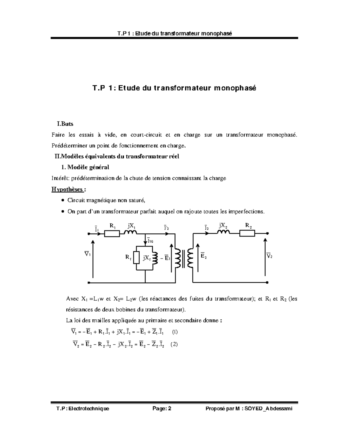 Tp 1 etude transformateur monophase - T 1 : Etude du transformateur monophasé I Faire les essais ...