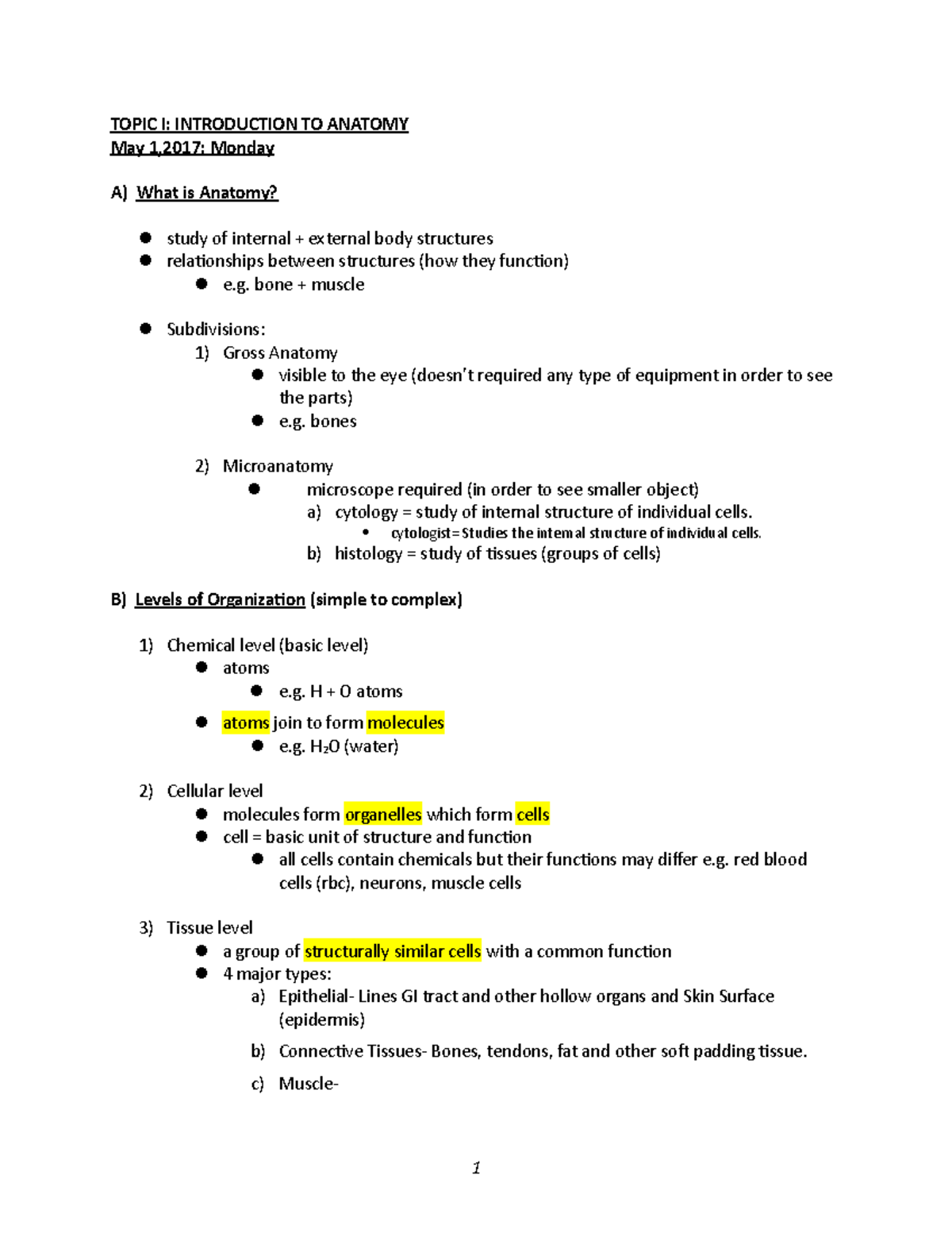 1 - Topic I - Introduction TO Anatomy - TOPIC I: INTRODUCTION TO ...