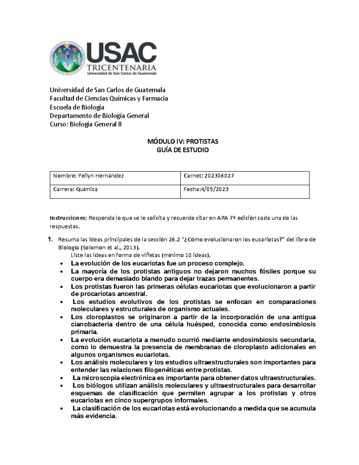 4. Guía de estudio Práctica 4, Protistas BGII 2023 Yeilyn Hernández ...